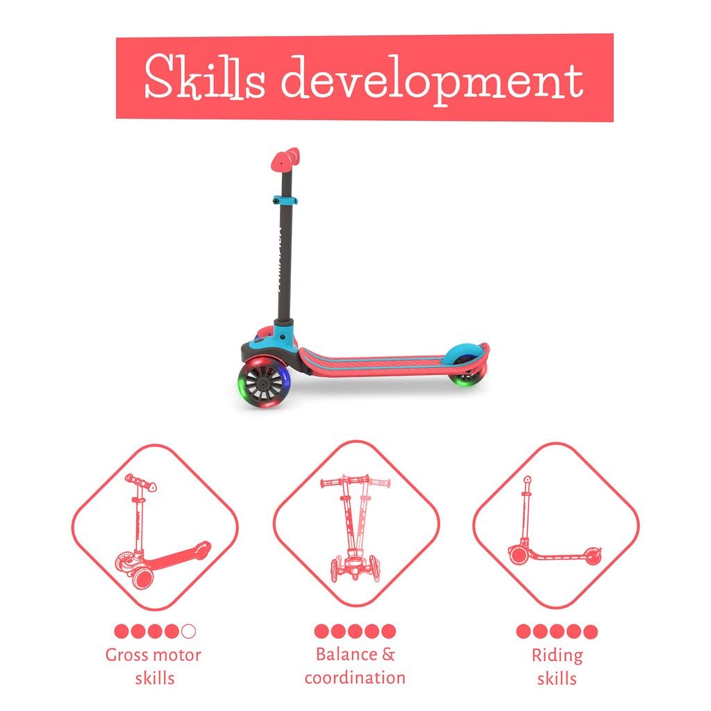 Chillafish Scotti Glow 3-Wheel Lean-to-Steer Scooter with Light-up Wheels, twintip Antislip Deck and Integrated Brake, Adjustable Height Handlebars, Comfy handgrips, for All Ages 3 and up, Red