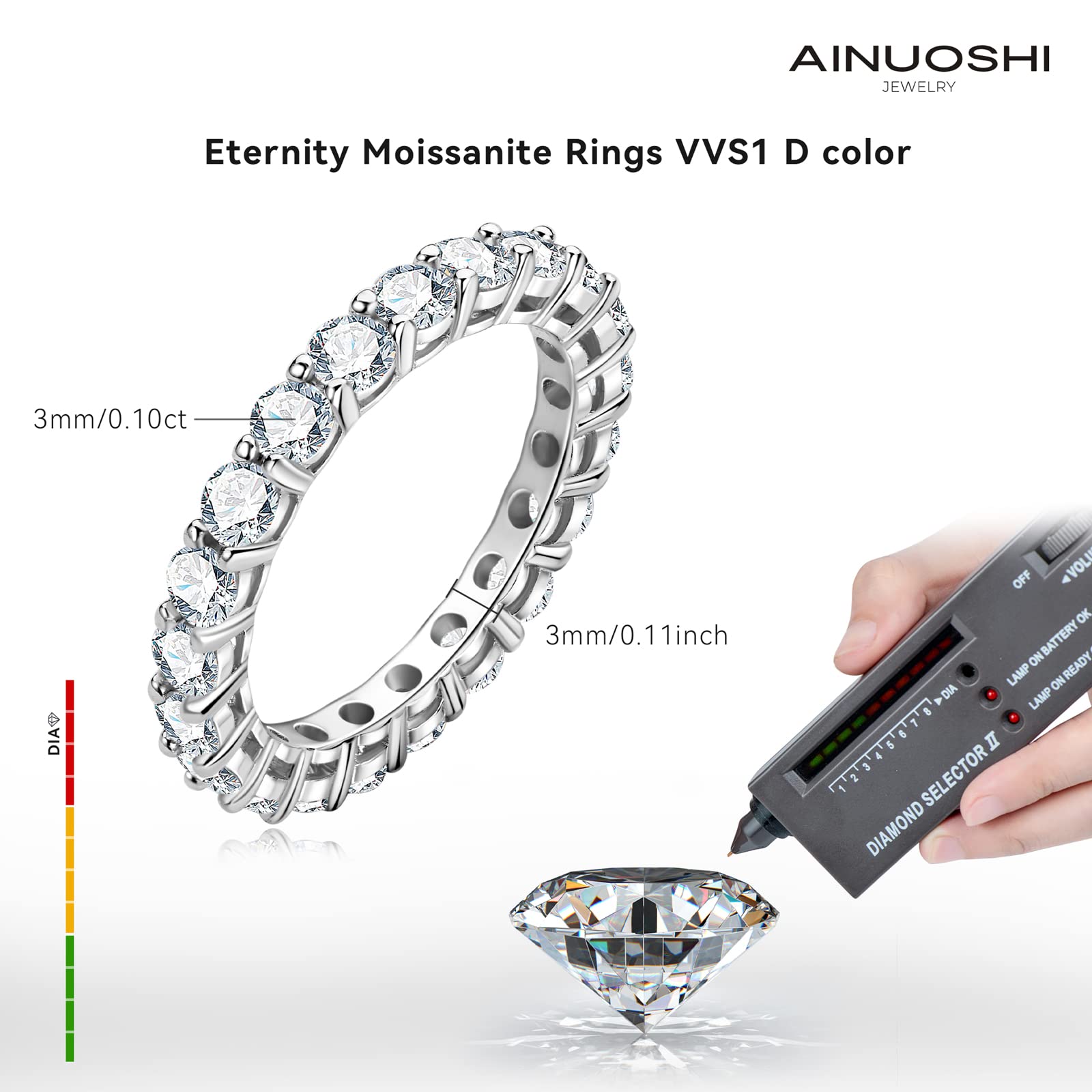 AINUOSHI Eternity Moissanite Ring, 925 Sterling Silver Round Cut 5mm Wedding Anniversary Band for Women Stackable Rings, Size 4-9