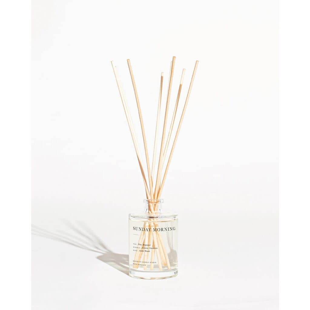 Brooklyn Candle Studio Reed Scent Diffuser - Sunday Morning - Relaxing Oil Diffuser, Pear, Jasmine & Amber Fragrance, 8 Rattan Diffuser Reeds, Clean Ingredients - 3.7oz