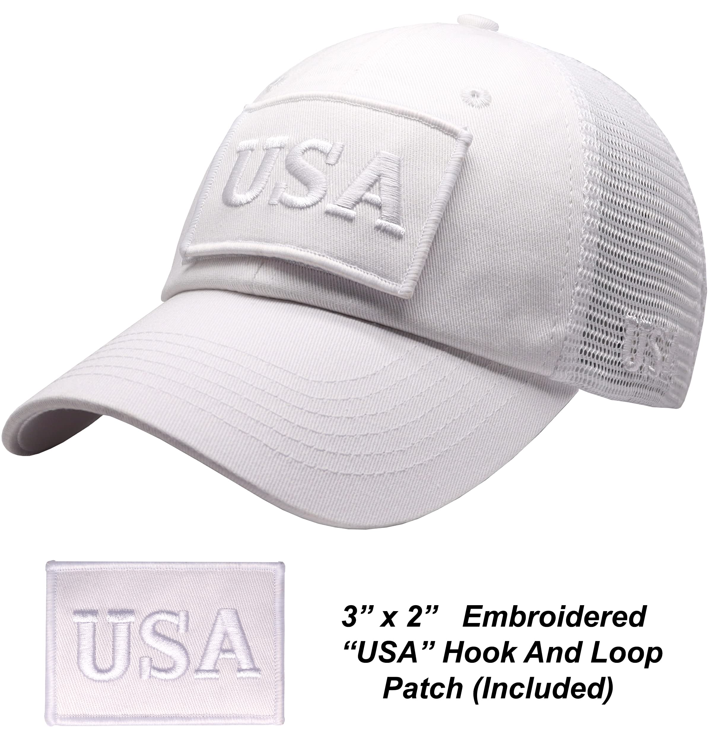 Antourage American Flag Unconstructed Hat for Men and Women Twill Mesh Snapback Baseball USA Flag Cap + 2 Patriotic Patches ((16) White Classic Mesh Snapback)