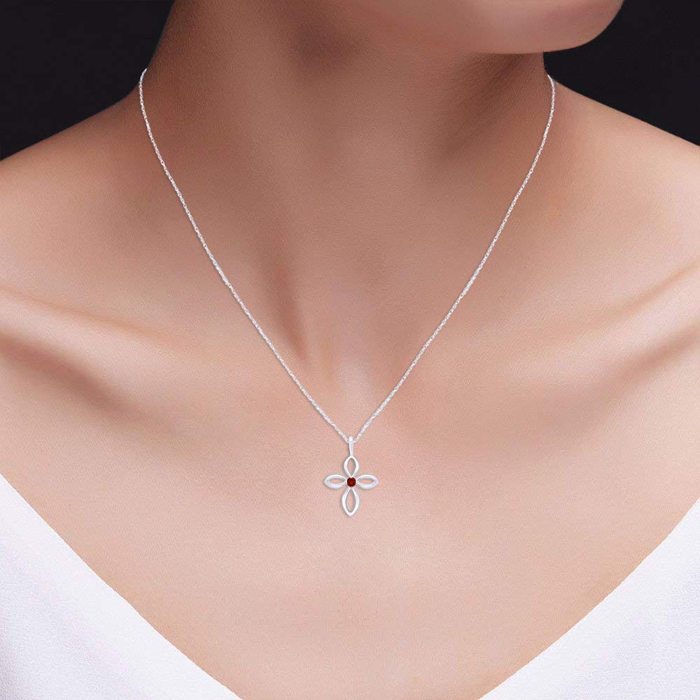 AFFY Round Shape Simulated Garnet Open Cross Pendant Necklace in 14k White Gold Over Sterling Silver for Women 18" Chain