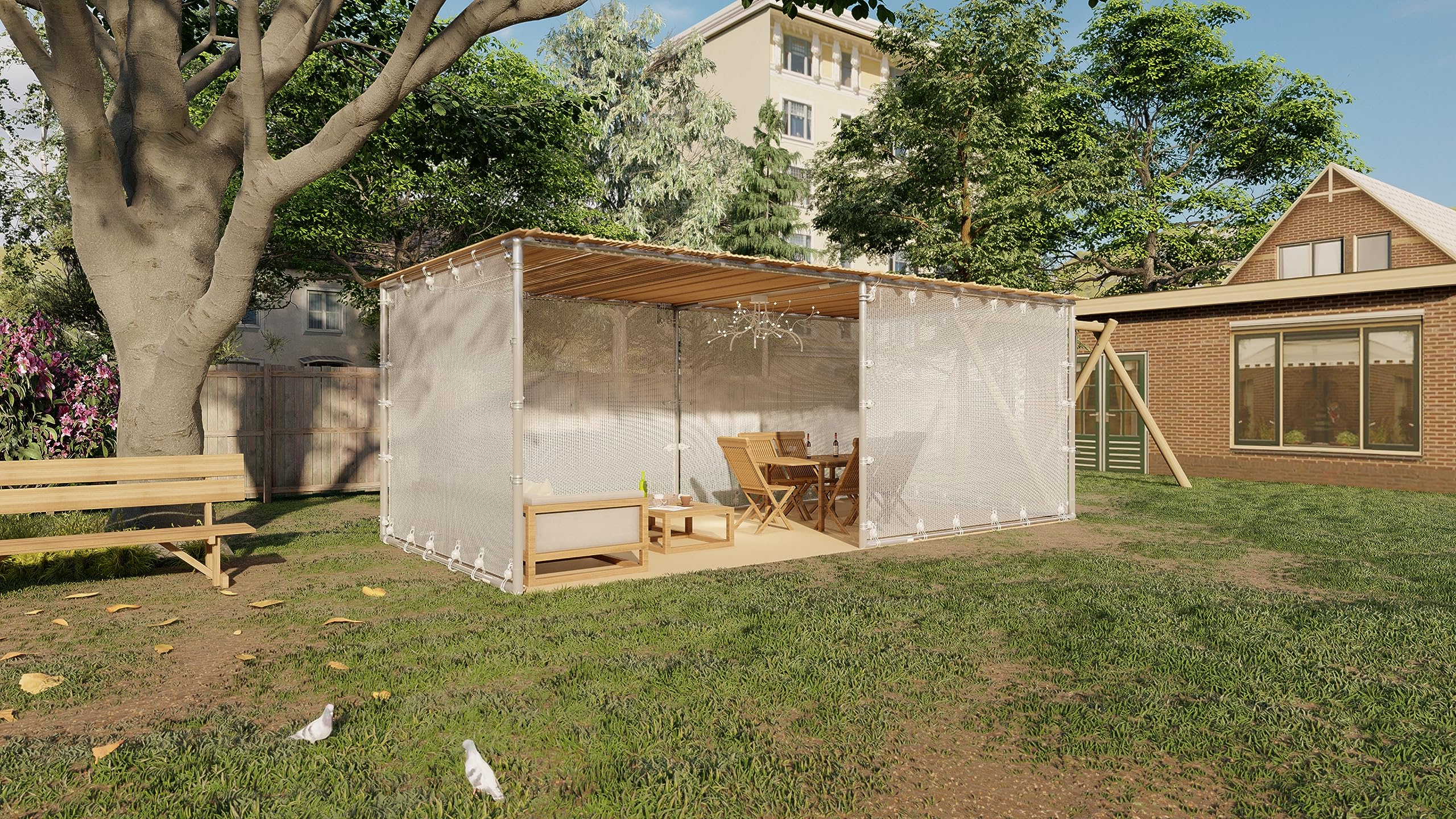 The Sieger Open Air Sukkah - Full Mesh Walls to Keep You Cool - Complete Kit Including frame walls Bamboo Mats & Support Poles - Easy to Assemble - No Tools Required (6x8)