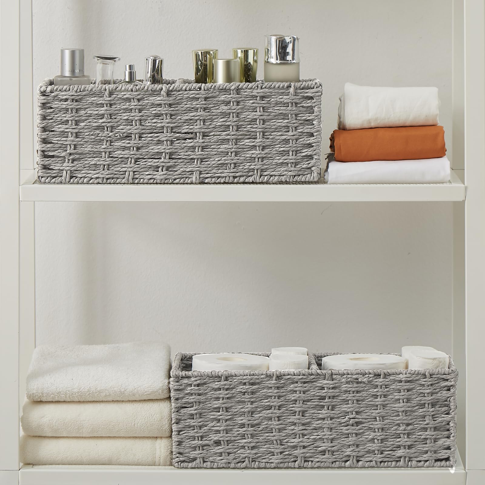 Vagusicc 2-Section Wicker Storage Basket, Hand-Woven Paper Rope Wicker Baskets,Toilet Paper Basket for Toilet Tank Top, Small Wicker Baskets for Organizing, 2-Pack, Grey