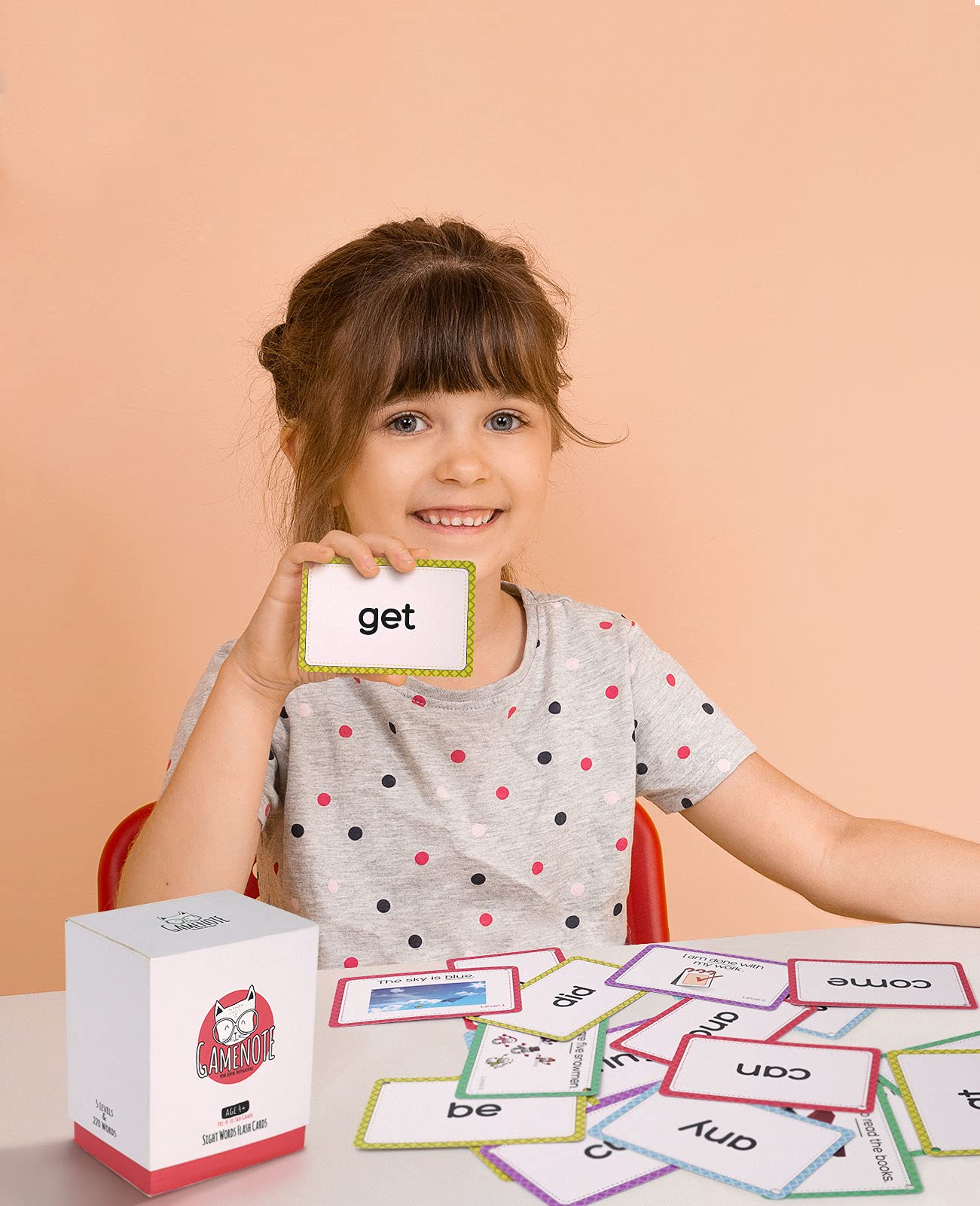 GAMENOTE Sight Words Kids Educational Flash Cards with Pictures & Sentences - 220 Dolch Big Word Games for Toddlers, Aged 3-9 Preschool Learning Activities(Pre K), Kindergarten, 1st, 2nd, 3rd Grade