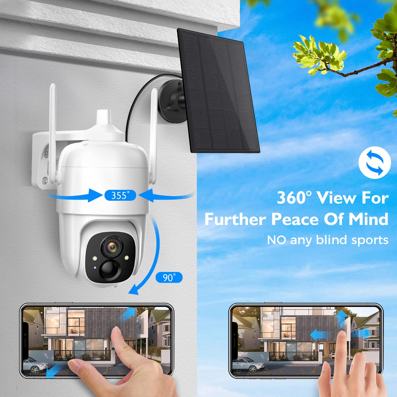Allweviee Solar Security Outdoor WiFi Camera, Pan Tilt 360° View IP65 Waterproof Rechargeable Wireless Battery Powered 2K 3MP PTZ Camera with PIR, Color Night Vision,2-Way Talk, 4dbi Antenna, Cloud/SD