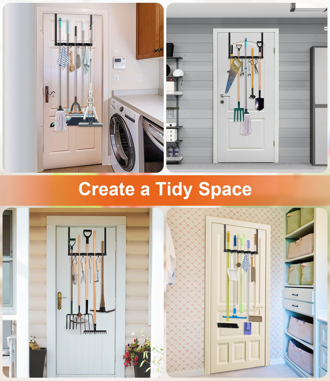 Broom Holder Over The Door-2PCS Drilling Free Mop and Broom Holder with 4 Over Door Hook, Metal Mop and Broom Holder Wall Mount Broom Storage Tool Organizer for Laundry Room Garage Kitchen Bathroom