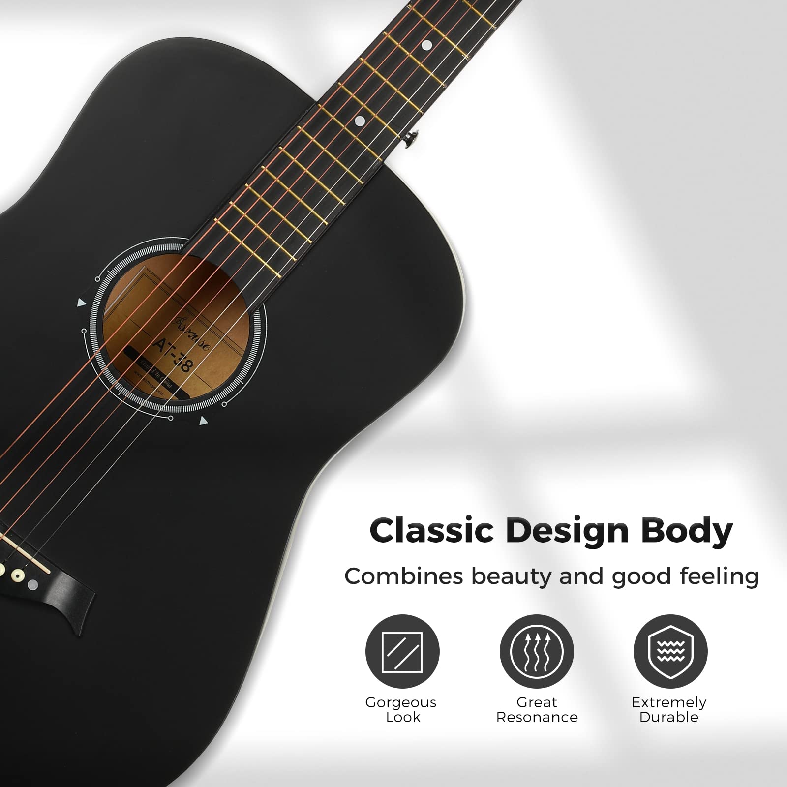 Asmuse 38 inch Acoustic Guitar Kit, Full Size Classical Acoustic Guitar 6 Strings with Gig Bag, Picks, Strap Accessories for Beginners Adults Teens (Black)