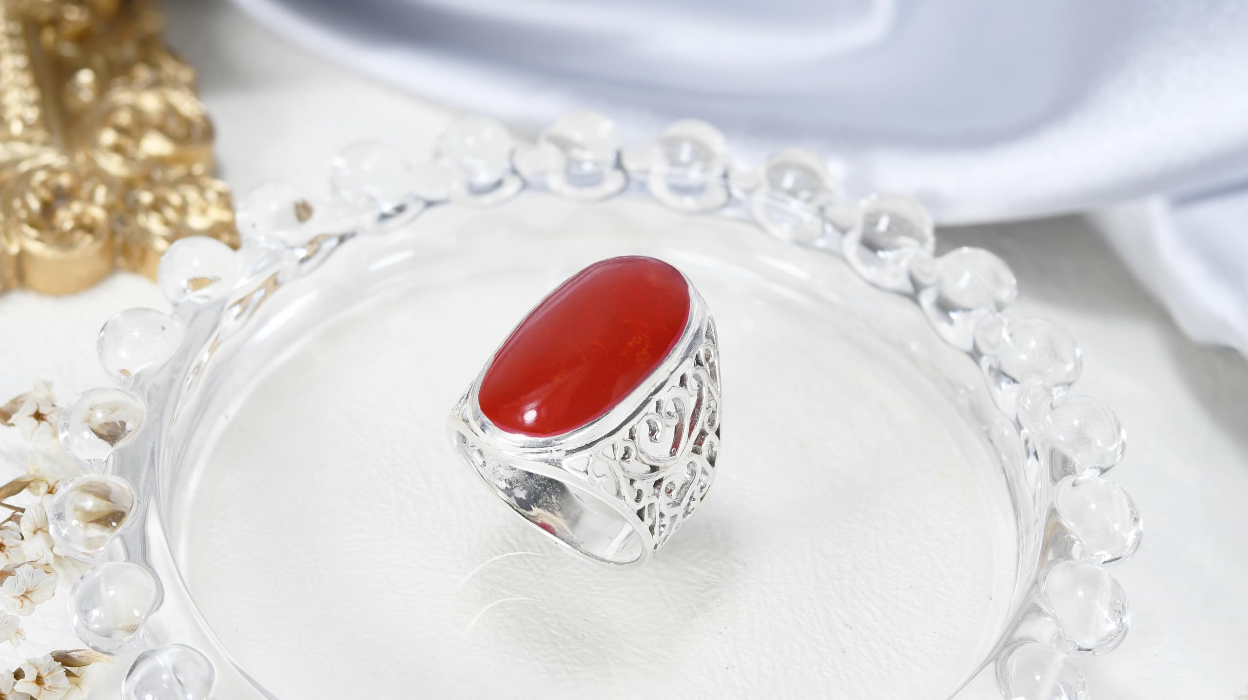AeraVida Bold Lrg Oval Reconstructed Red Coral Intricate Heart Filigree .925 Sterling Silver Ring (8)