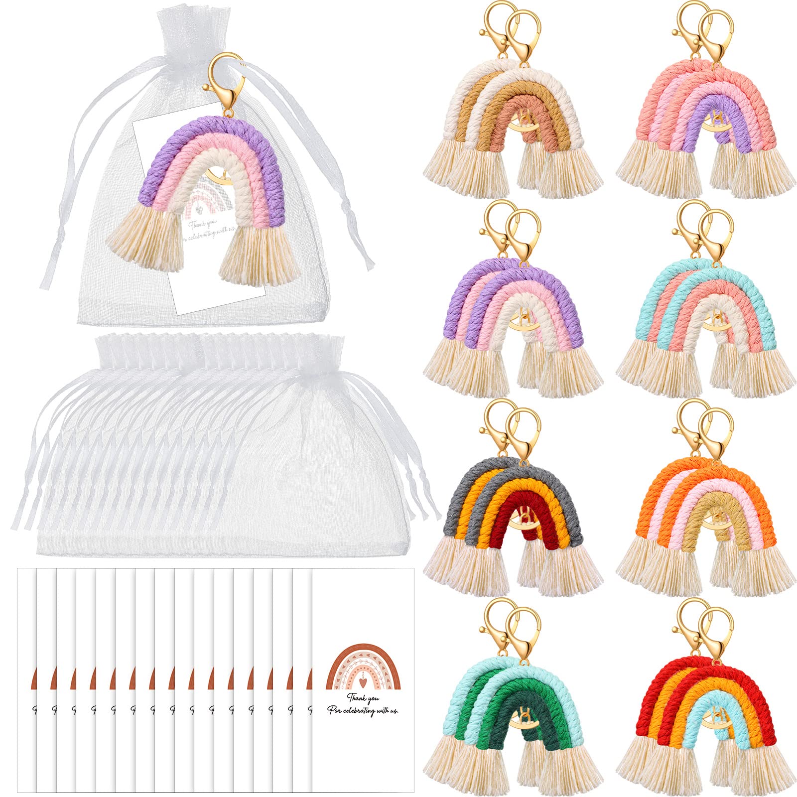 Nosiny Mini Rainbow Macrame Keychains Rainbow Party Favors Organza Bags Thank You Tags for Birthday Bridal Baby Shower Wedding Guest Gifts Bohemian Hippie Party Supplies (8 Set)