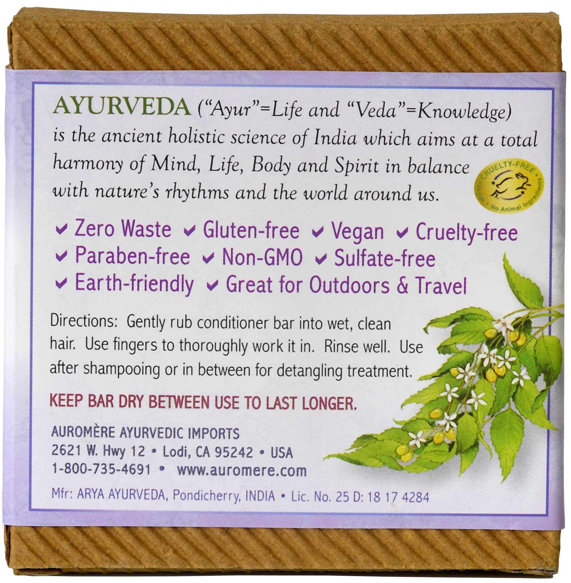 Auromere Ayurvedic Conditioner Bar for All Hair Types β Vegan, Non-GMO, Deep Moisturizing, Nourishing Herbal Formula with Neem, Zero Waste, Recyclable packaging (2.12oz solid bar), 1 Pack