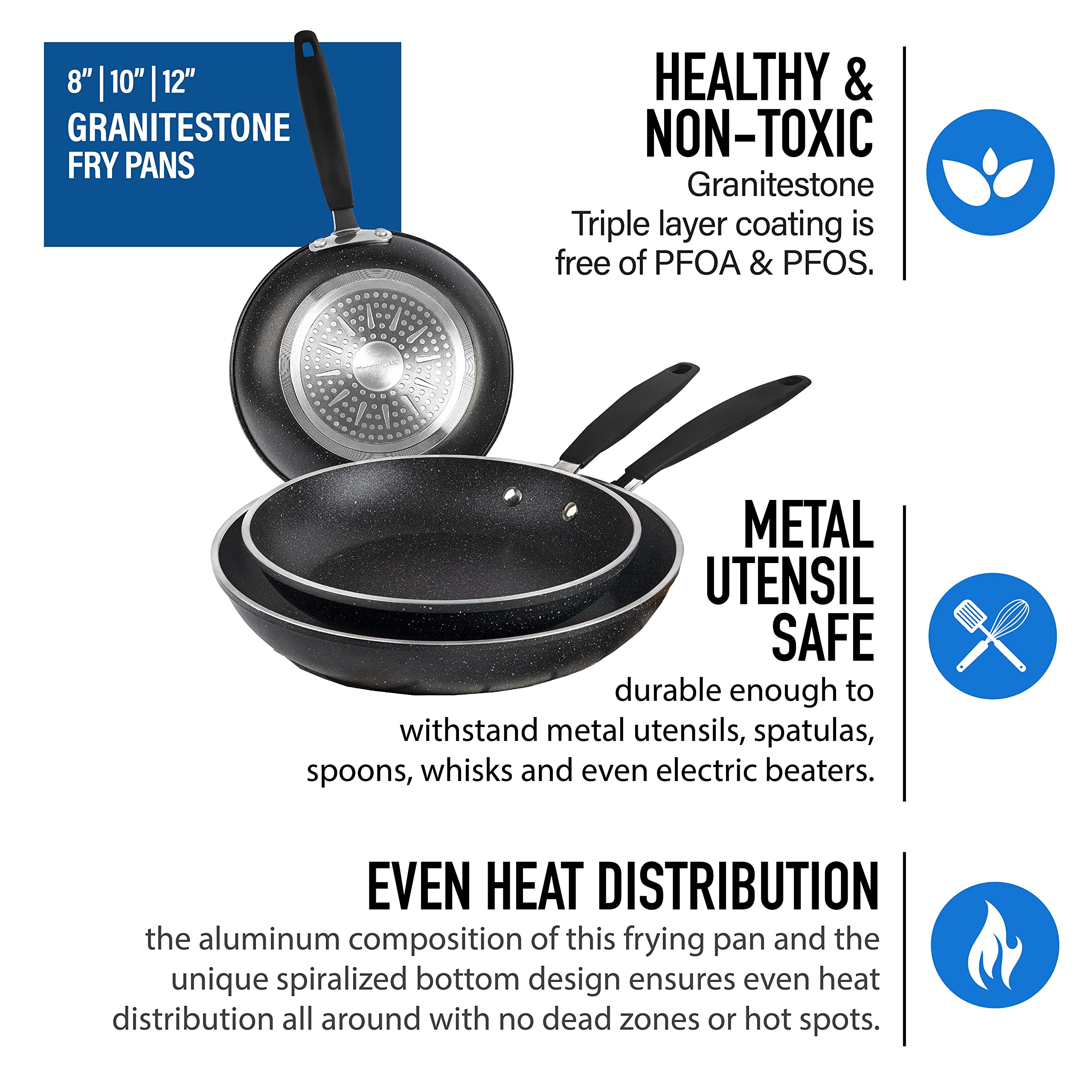 Granitestone 3 Piece Nonstick Frying Pan Set, 8”, 10” & 12” Nonstick Mineral and Diamond Triple Coated Frying Pans, Nonstick Skillet Set, Omelet Pan, PFOA Free, Dishwasher Safe, Cool Touch Handle
