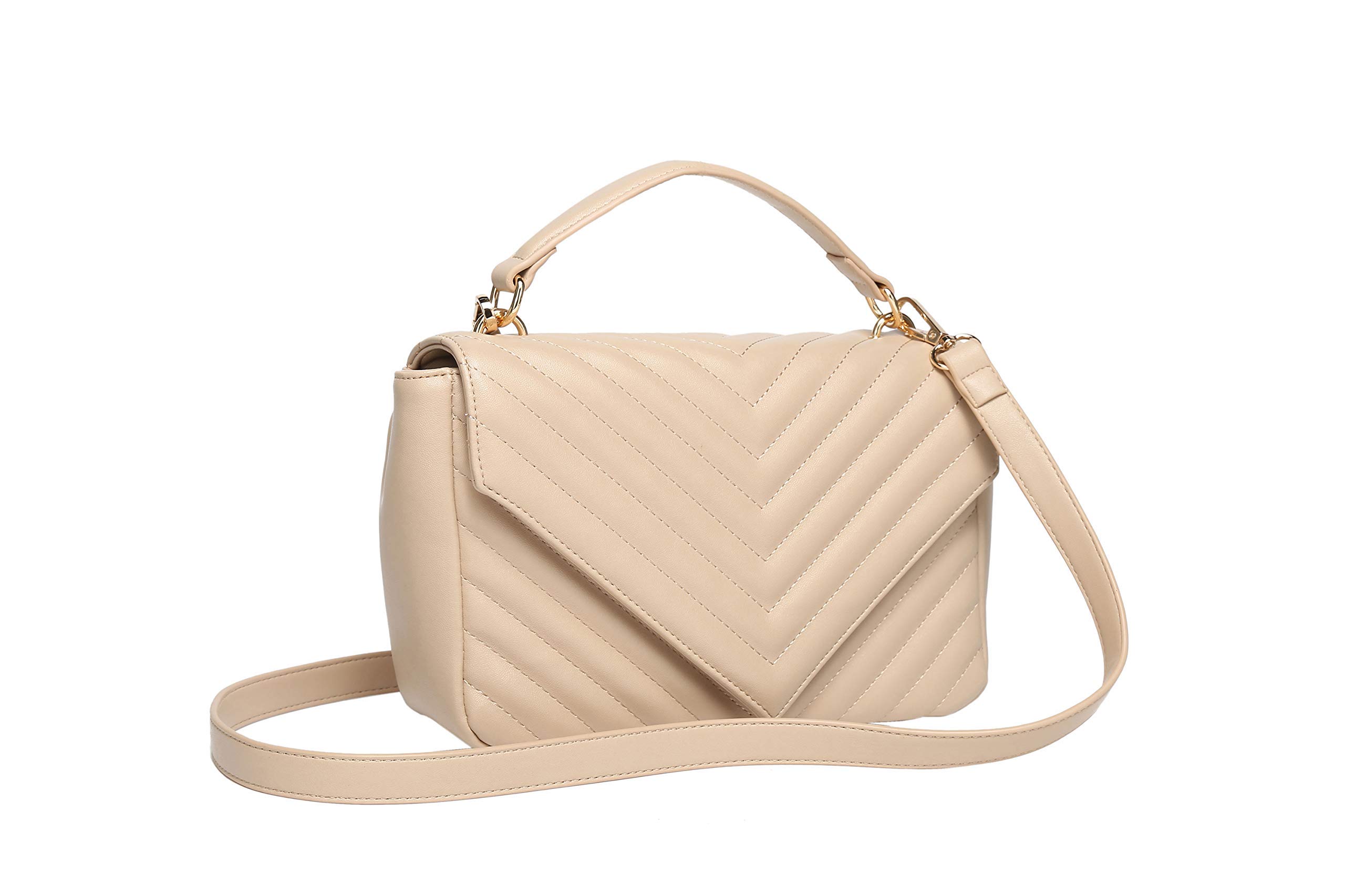 Daisy Rose Quilted Chevron Shoulder Cross Body Bag with Top Handle, PU Vegan Leather - Beige