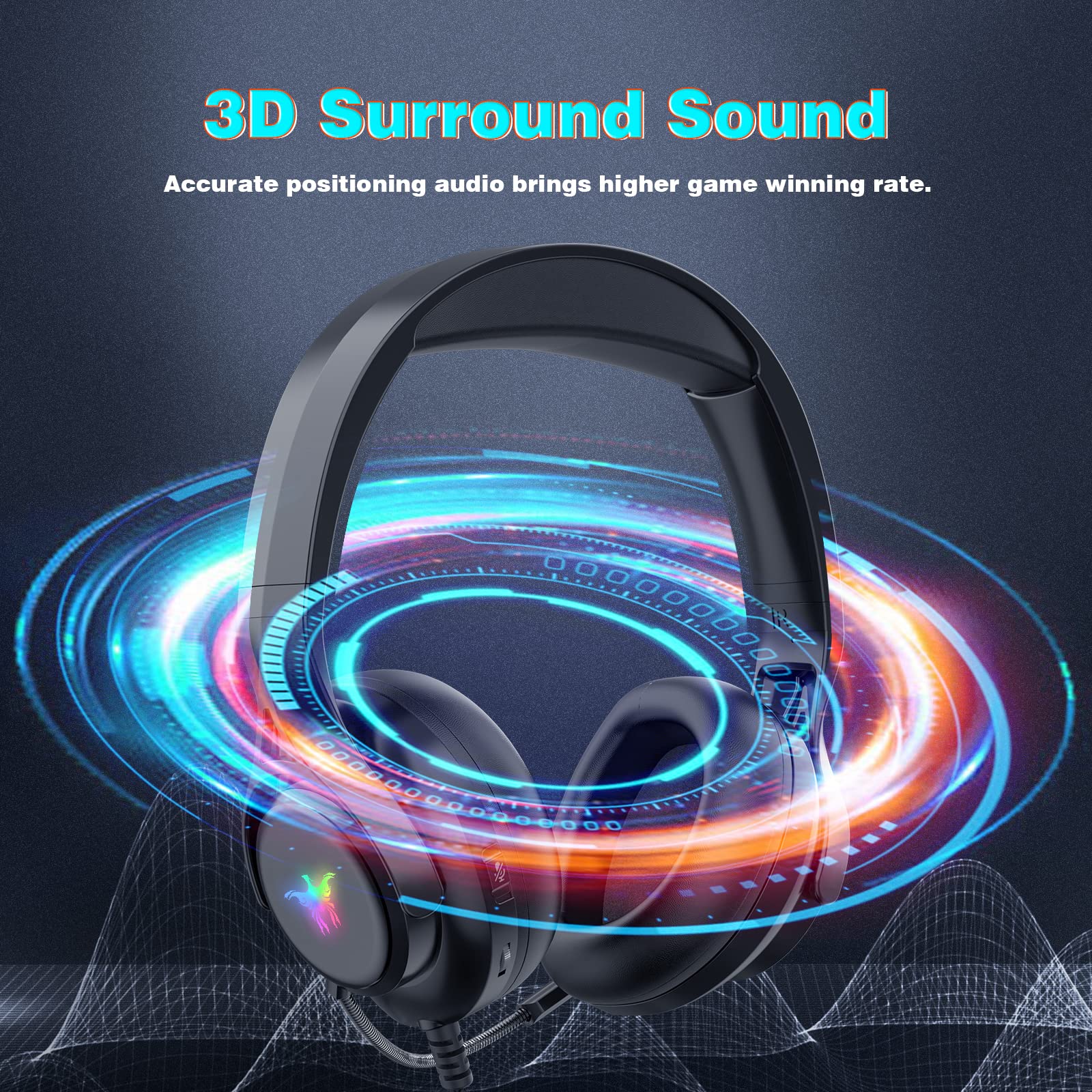 Gaming Headset with Microphone for Playstation 5, Double Head Beam Suspended Soft Soft Memory Earmuffs, 7.1 Surround Sound Wired Headset LED Light for PS5, PC, PS4, iMac, Laptop
