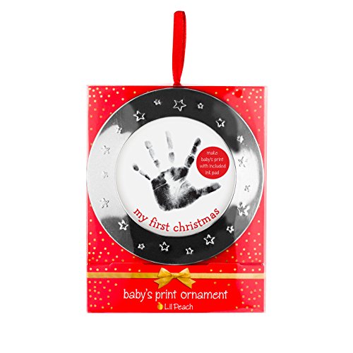 Lil Peach My First Christmas Baby’s Print Ornament, Newborn Handprint Or Footprint Making Kit, Baby Holiday Christmas Tree Keepsake Ornament, Included No-Mess Clean Touch Ink Pad, Silver Stars