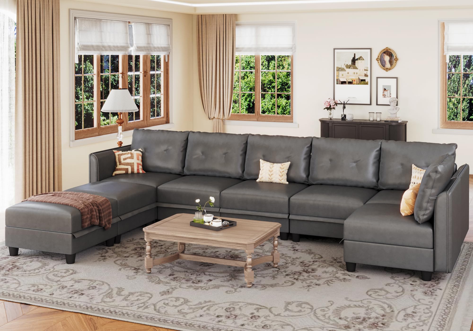 LLappuil Modular Sectional Sofa with Reversible Chaise, U Shaped Couch with Storage, Modern Faux Leather Fabric Sofa with Ottoman, Oversized Sectionals for Living Room, 8 Seat, Dark Grey