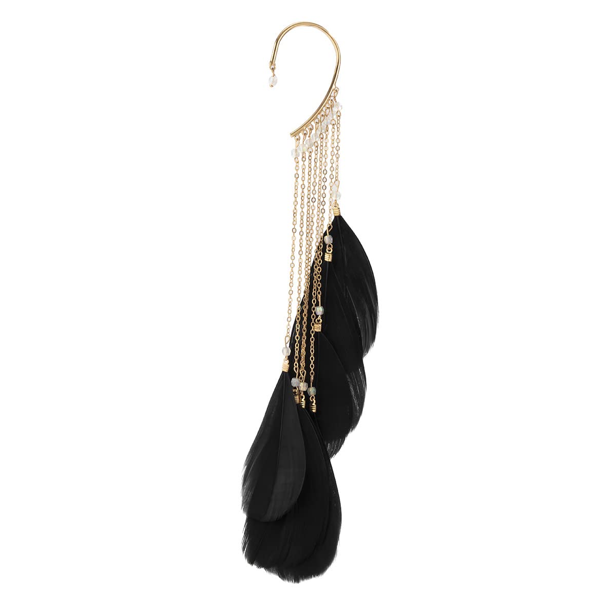 Asphire Bohemian Long Tassel Feather Ear Cuff 1pcs Non-Piercing Feather Fringe Earring Elegant Exaggerated Chandelier Ear Wrap for Women Ball Beach Party Statement Jewelry (Black)