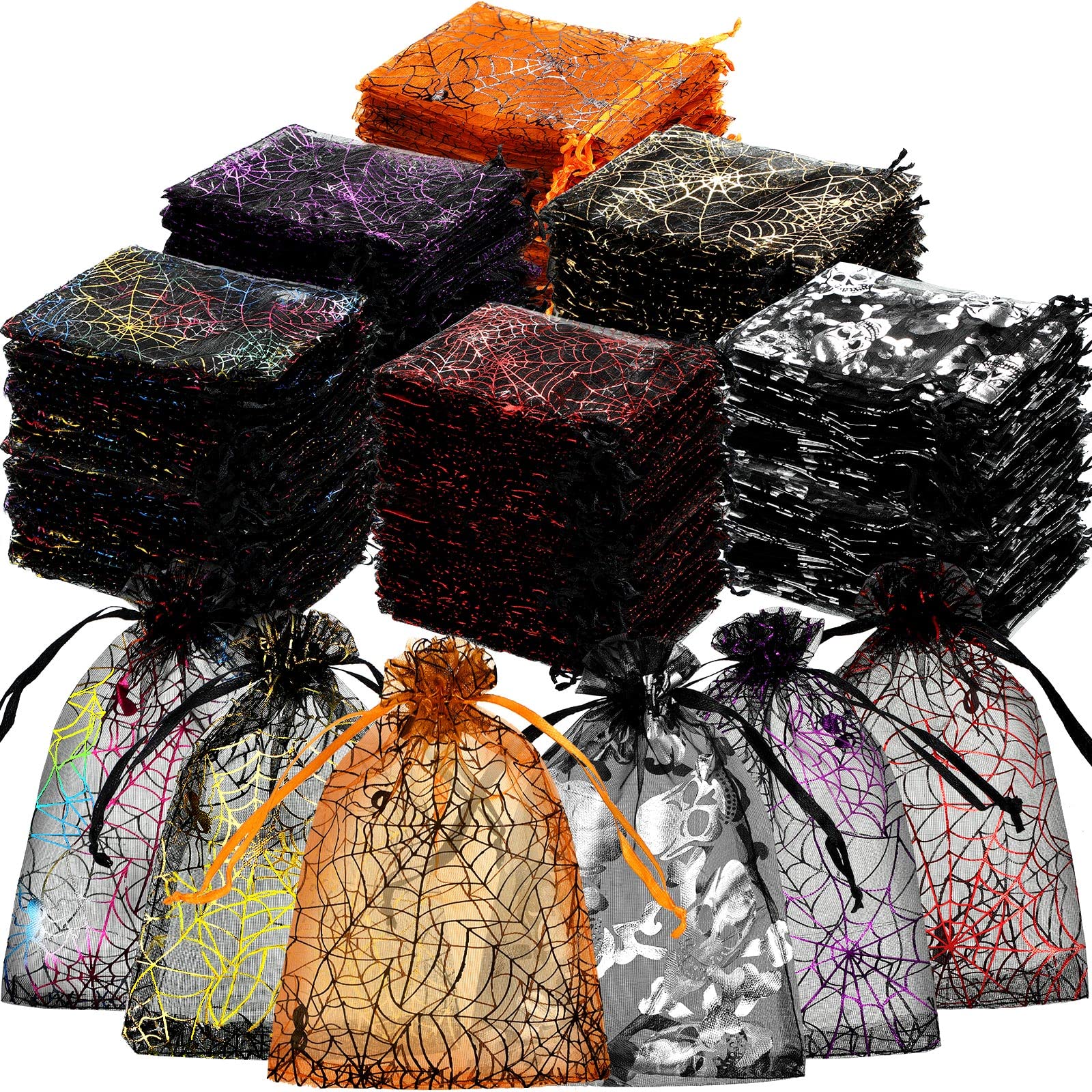 Chumia 270 Pcs Halloween Organza Bags Spider Web Skull Print Treat Bags with Drawstring Sheer Candy Gift Bags for Halloween Party Favors Supplies (4 x 6 Inch)