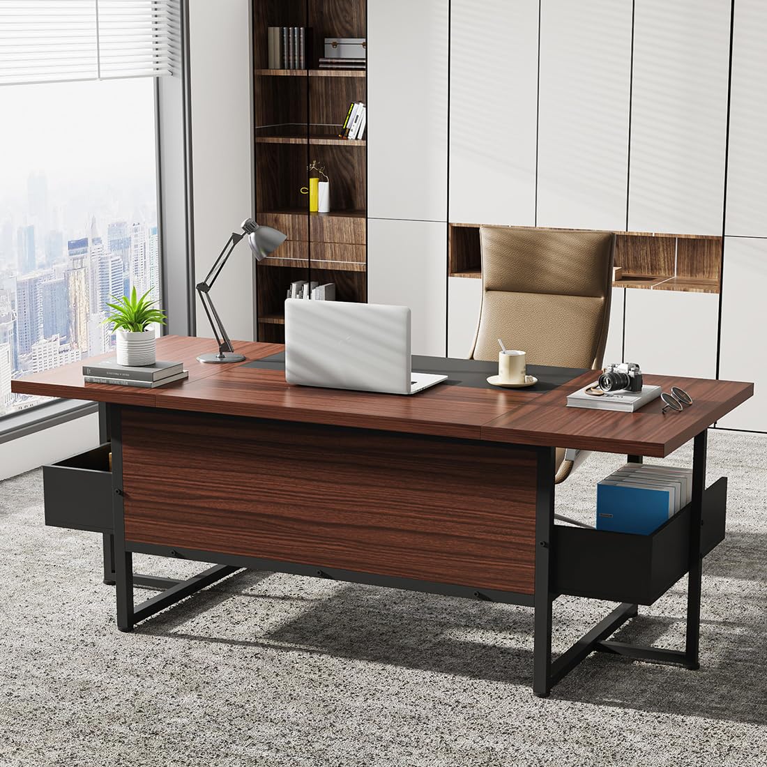 Tribesigns 62 Inch Big Computer Desk with Storage Shelves, Modern Executive Desk Workstation for Home Office Furniture, Walnut & Black