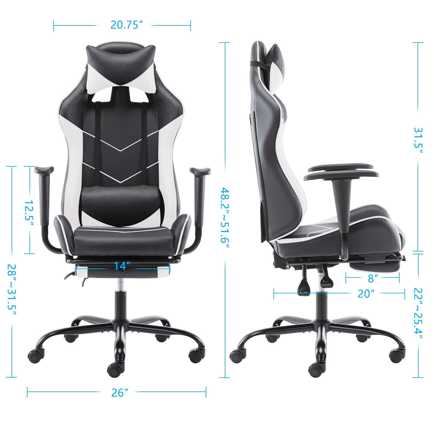 Gaming Chair PU Leather Racing Chair with Footrest, High Back Recliner Swivel Office Chair Headrest Ergonomic Lumbar Support Desk Chair, Executive Task Computer Chairs, White