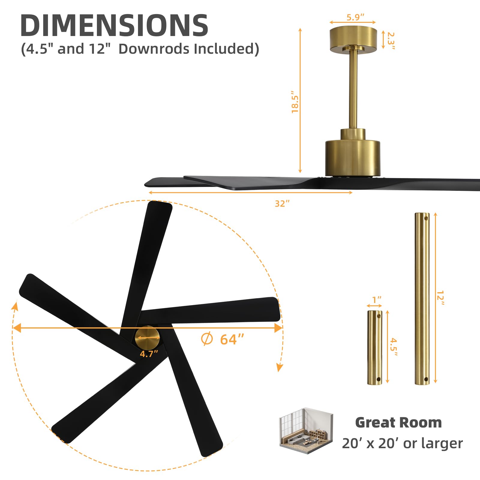 ACOZ 64" ABS DC Ceiling Fan No Light, 5 Blade ABS Plastic Ceiling Fan with Remote, 6-Speed Reversible DC Motor, Ceiling Fan without Light for Kitchen Bedroom Living Room, Brass and Matte Black