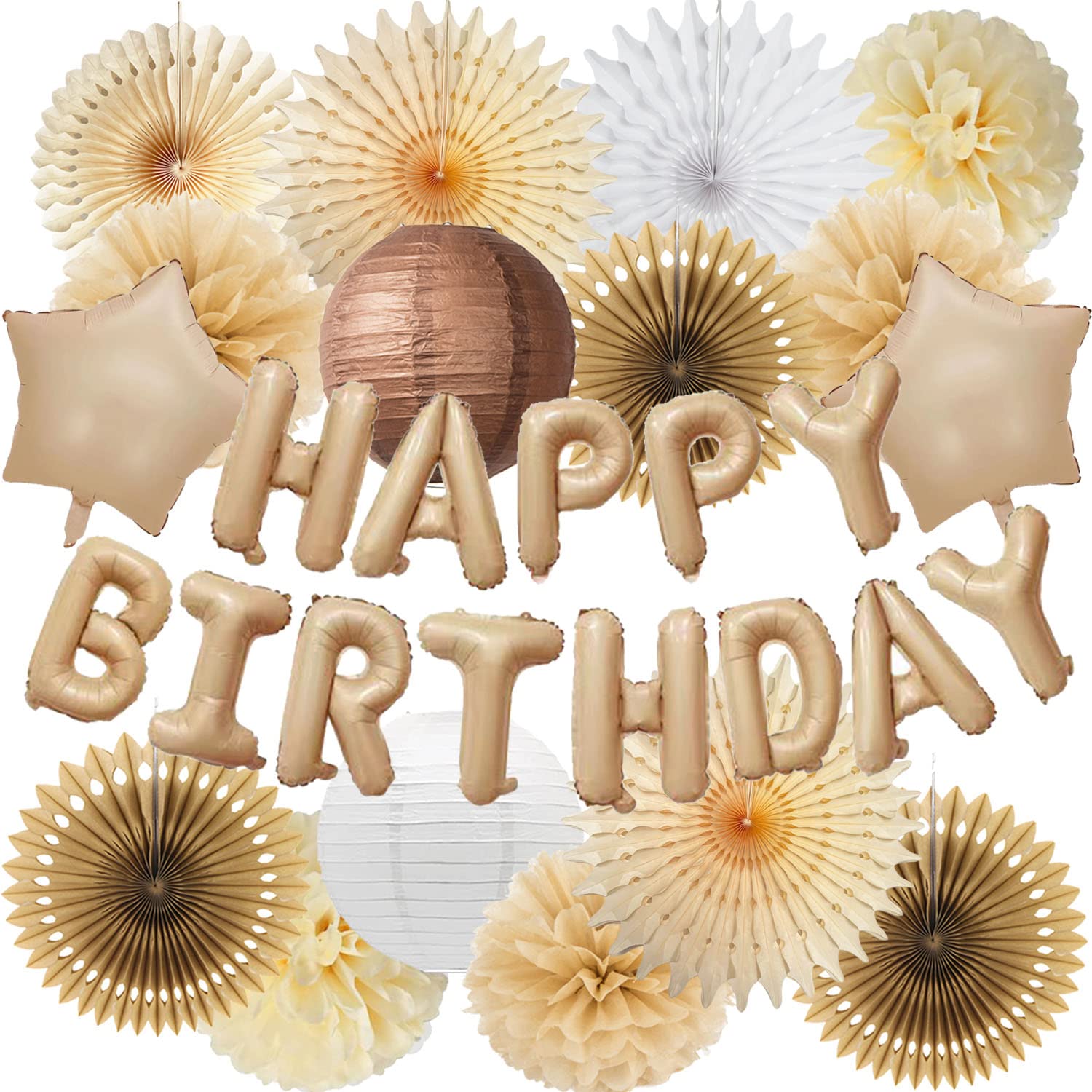 Brown Birthday Party Decorations Rustic Natural Birthday Tan Brown Ivory Paper Fans Paper Pom Poms Flowers Happy Birthday Foil Balloons for Baby Shower Woodland Teddy Bear Birthday Party Decoration