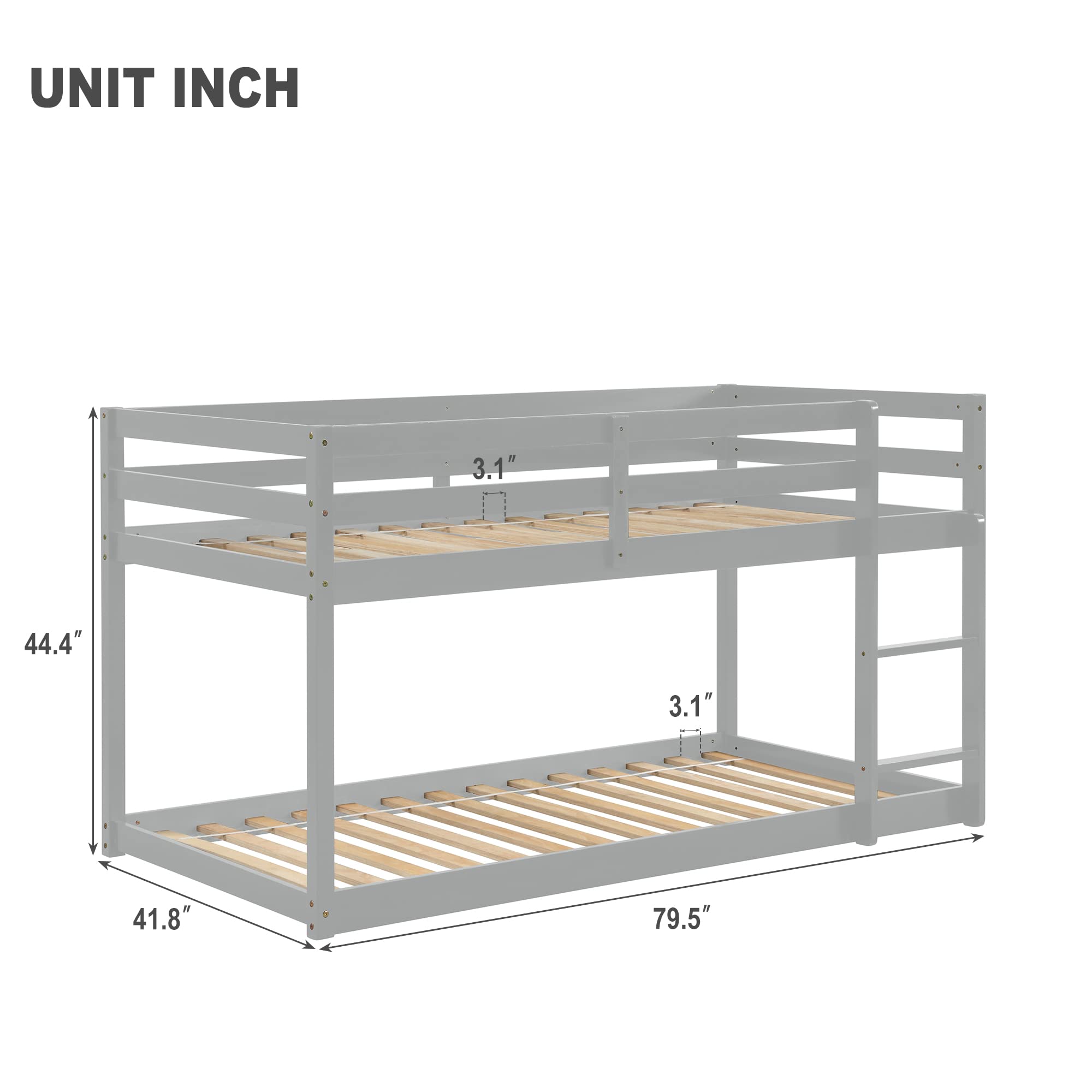 ZJIAH Solid Wood Twin Over Twin Floor Bunk Bed w Ladder, Safety Guard Rails, Wooden Twin Bunk Beds for Teens/Adults, Low Bed Frame Bedroom Furniture, No Spring Box Required