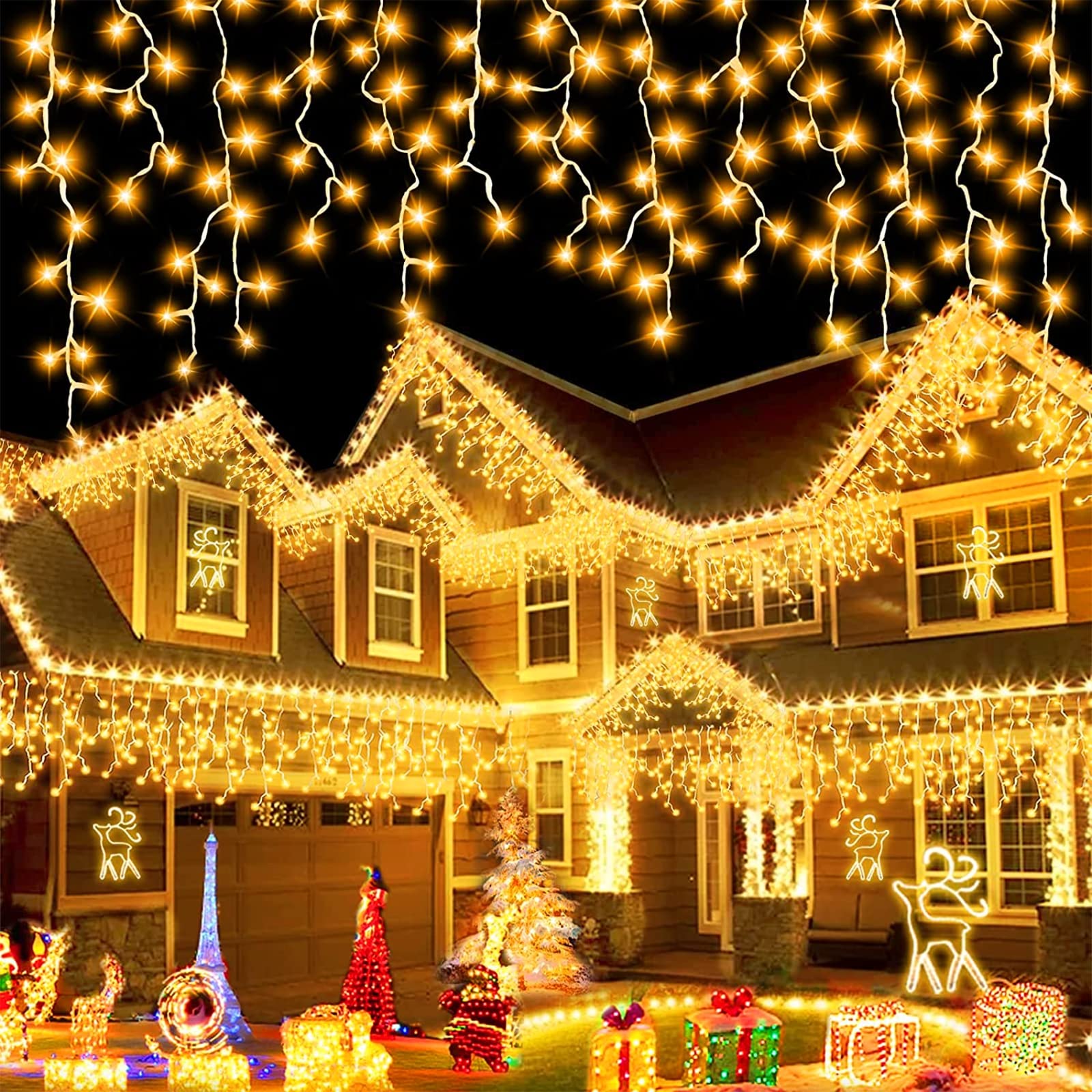 ZOFUNNY 378 LED Christmas Icicle Lights Decor Outdoor, 29.5 Ft 8 Modes 60 Drops Fairy String Curtain Lights Dripping Ice Cycle Lights Xmas Decor Indoor Home Eave Window Holiday Garden (Warm White)