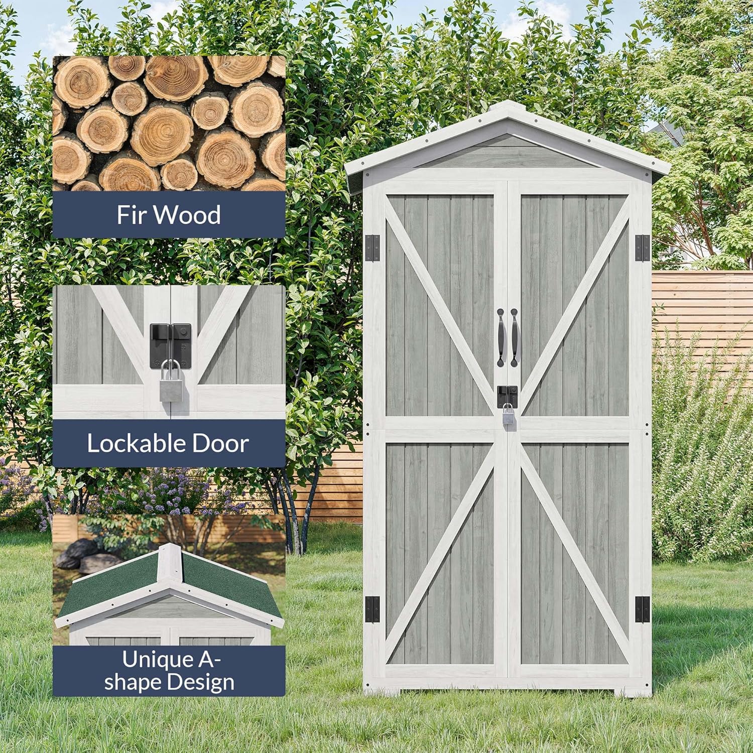 BELLEZE Outdoor Storage Cabinet with 4 Removeable Shelves, Wooden Garden Tall Storage Shed Lockable Tool Storage Cabinet with Waterproof Roof, Outside Tool Shed for Patio Lawn Yard Backyard - Gray