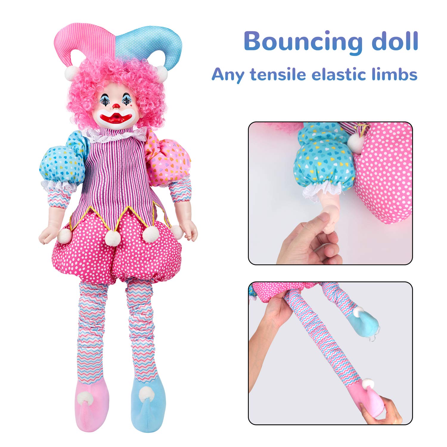 GARUNK 37.4" Pink Plush Clown Doll with Retractable Arms & Legs, Cute Baby Girl Birthday Gift