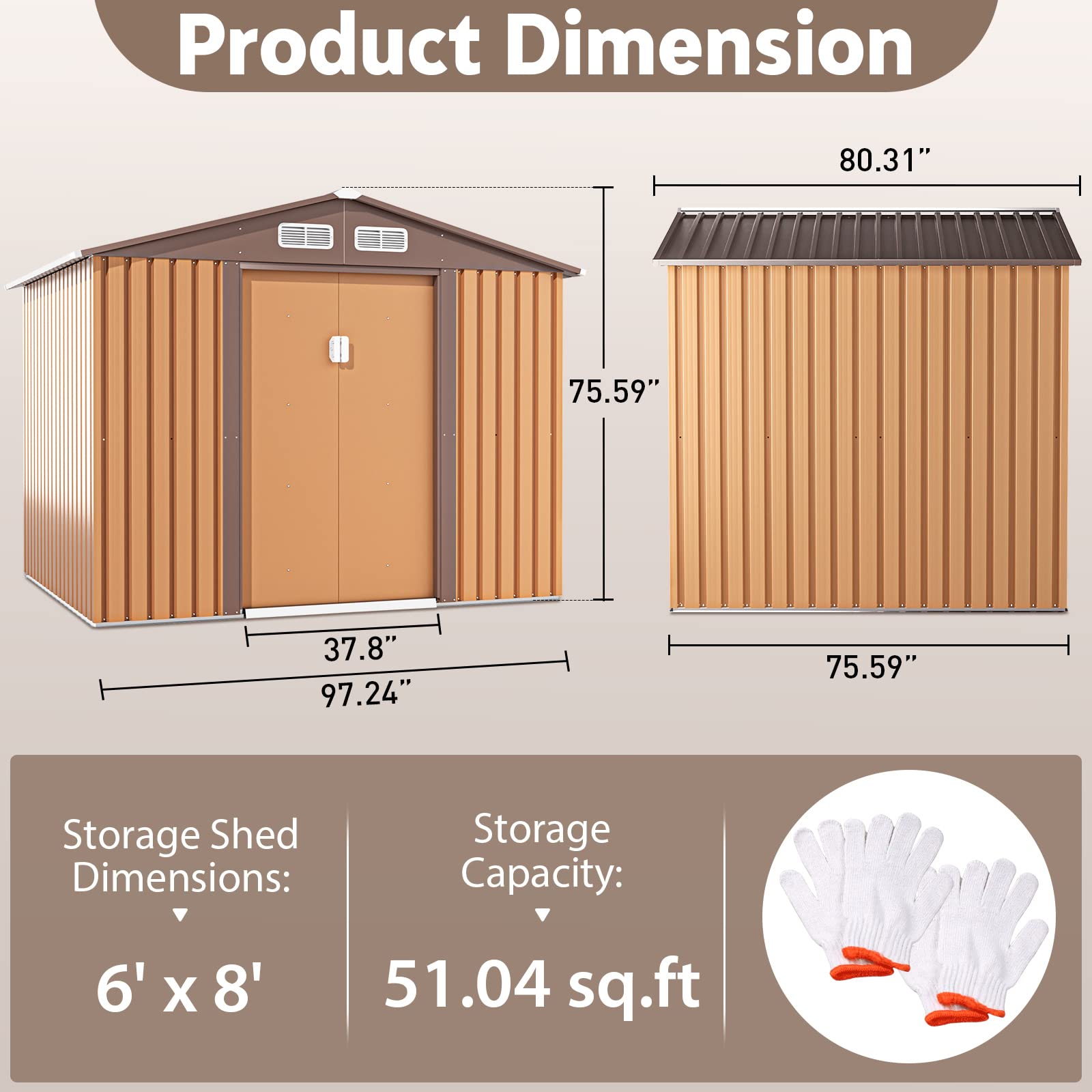 JAXPETY Sheds & Outdoor Storage 6x8 FT Garden Shed Tool Metal Outdoor Storage Shed with Sliding Doors for Backyard, Patio Coffee