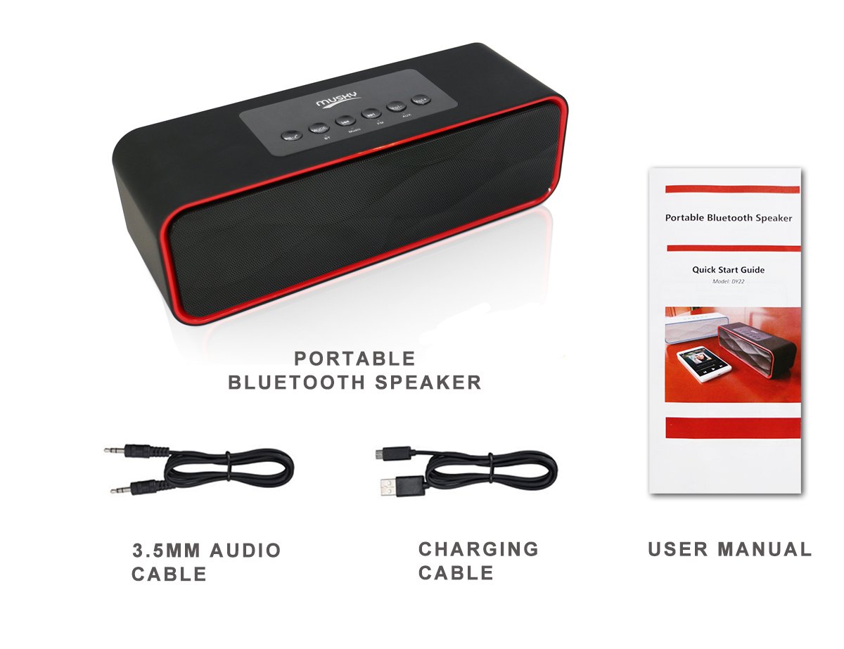 Portable Bluetooth Stereo Speaker, with 2x5W Acoustic Drivers, Dual Subwoofer, FM Radio, Handsfree Speakerphone, Slots for Micro SD Card, USB and AUX-in, for Smart Phone, MP3, MP4, iPad, Tablet