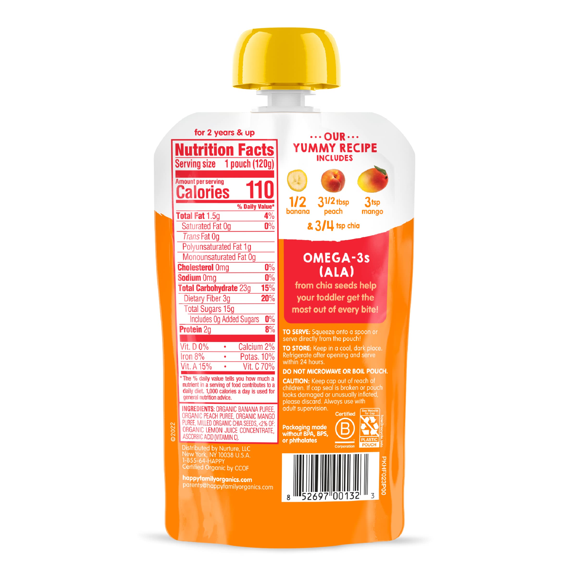Happy Tot Organic Stage 4 Super Foods, Bananas, Peaches & Mangos + Super Chia, 4.22 Ounce (Pack of 8)