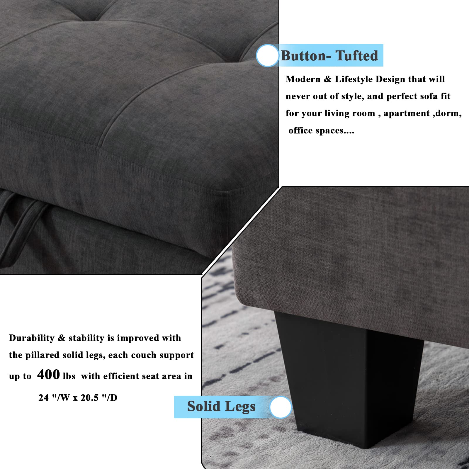 Flesser Loveseat Sofa Small Sectional Couch with Storage Modular Couch Love Seat with Ottoman for Small Spaces Velvet Convertible Bedroom Couch in Dark Grey