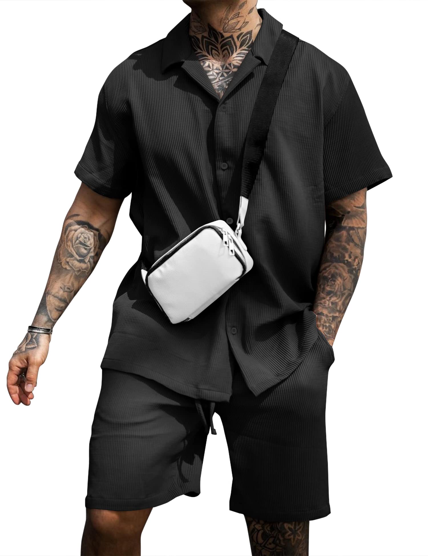 AstoSeu Mens Shirt Set Casual Button Down Shirts Short 2 Piece Shorts Tracksuit Set Black L