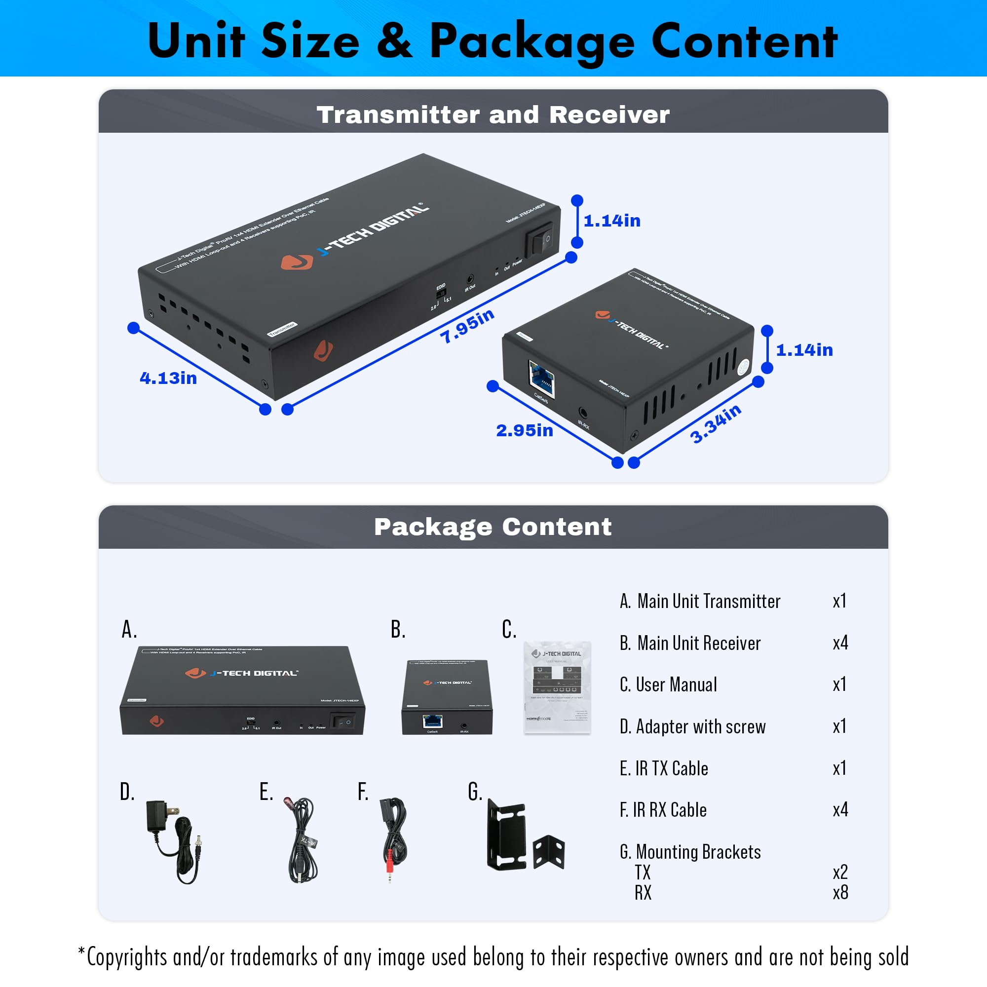 J-Tech Digital HDMI Extender Splitter 1x4 Over Single Cat5e/6 Ethernet Cable Up To 164ft. Supports PoC HDMI Loopout IR Control EDID Switch