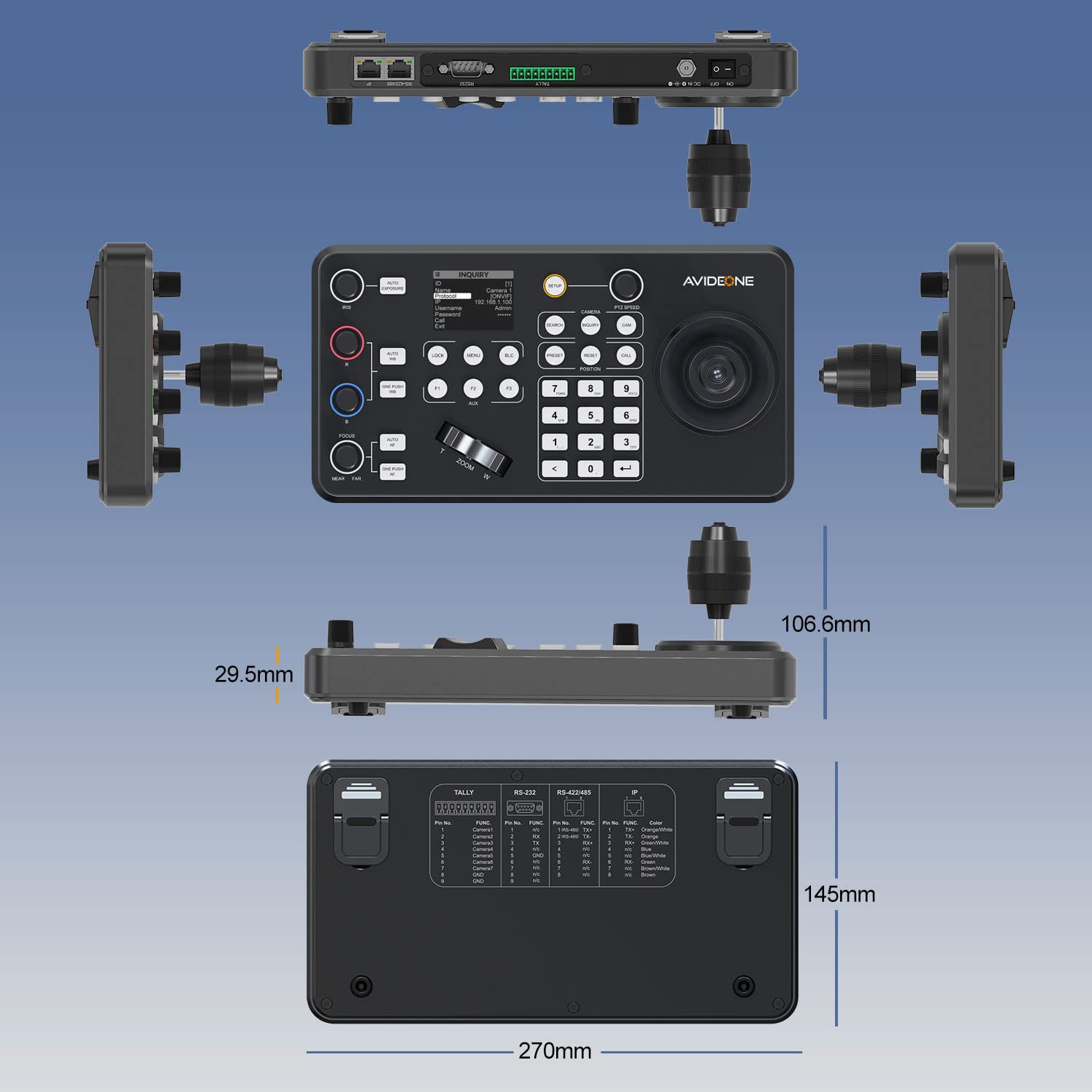 AVIDEONE PTZ Camera Controller with 4D Joystick for Church Live Streaming,Supported Onvif Visca Over IP RS422 RS485 RS232 Pelco-D/P 2.2 Inch LCD Screen
