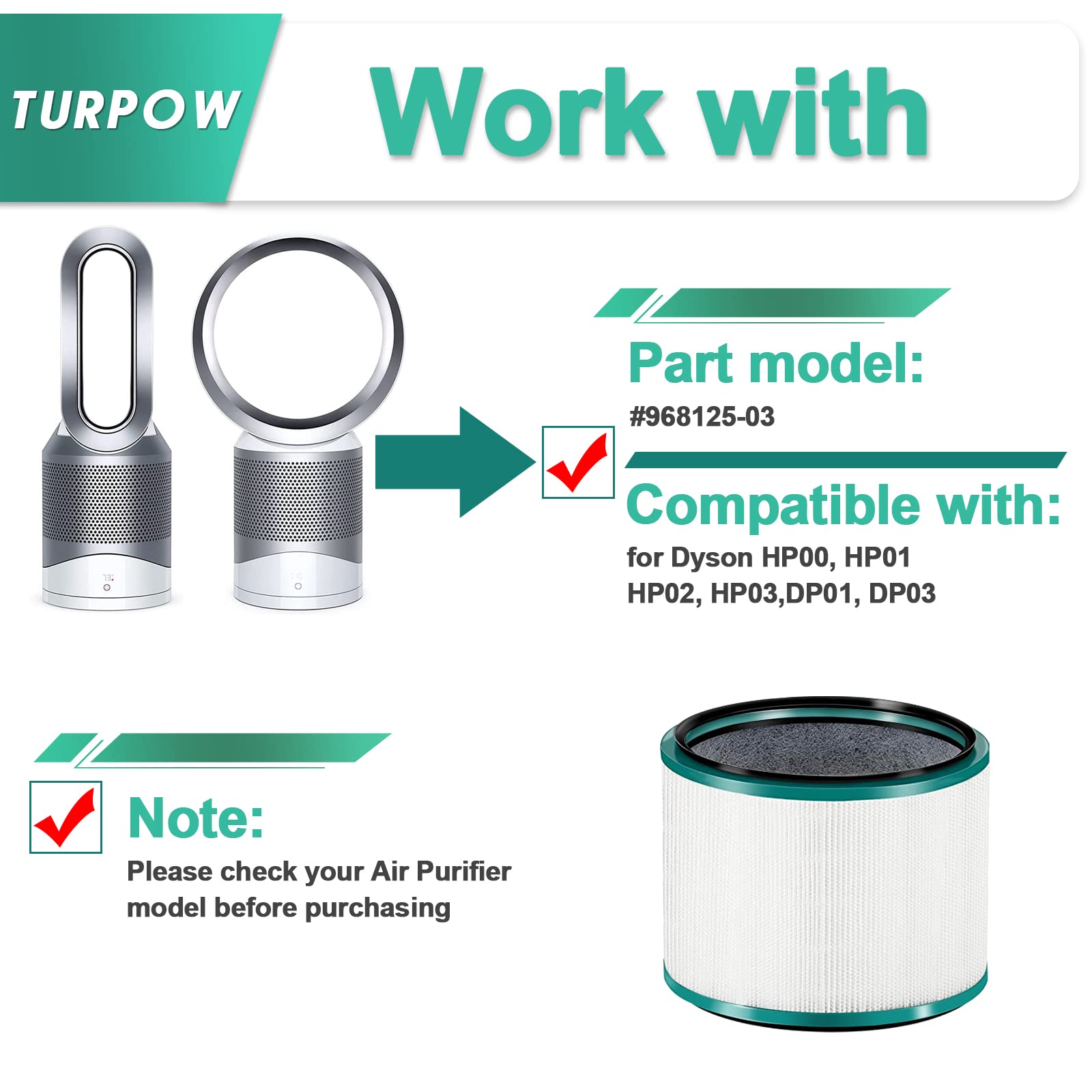 TURPOW Air Purifier Filter Replacements for Dyson HP01, HP02, HP03, DP01, DP02 Desk Purifiers, Replaces Part NO.968125-03, Compatible with Dyson Pure Hot Cool Link Fans Filter