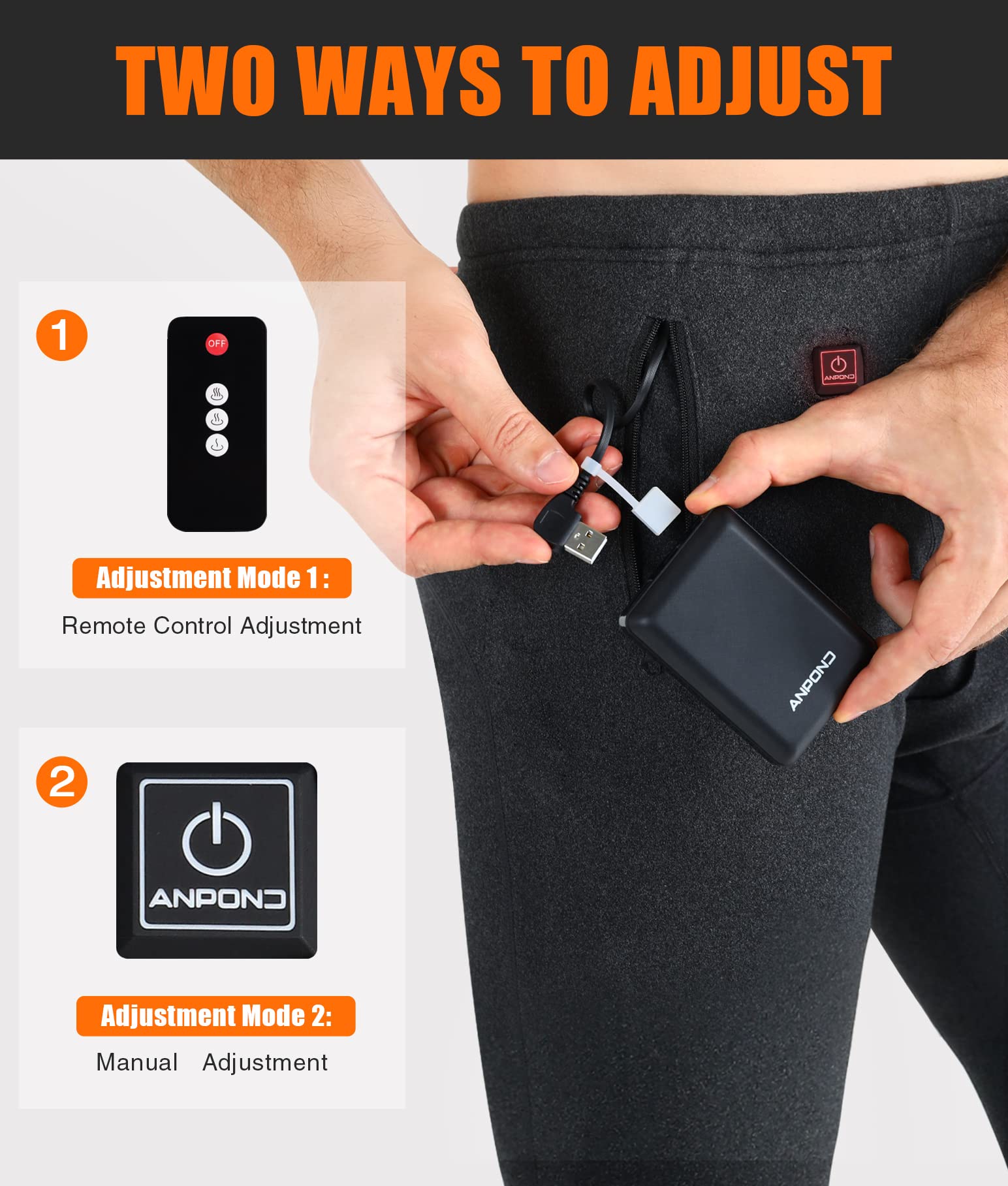 AnPond Electric Heated Pants for Mens with10000mAh Battery Pack;Winter Men's Thermal Plus Heated Underwear;3-Level Adjustment(L)