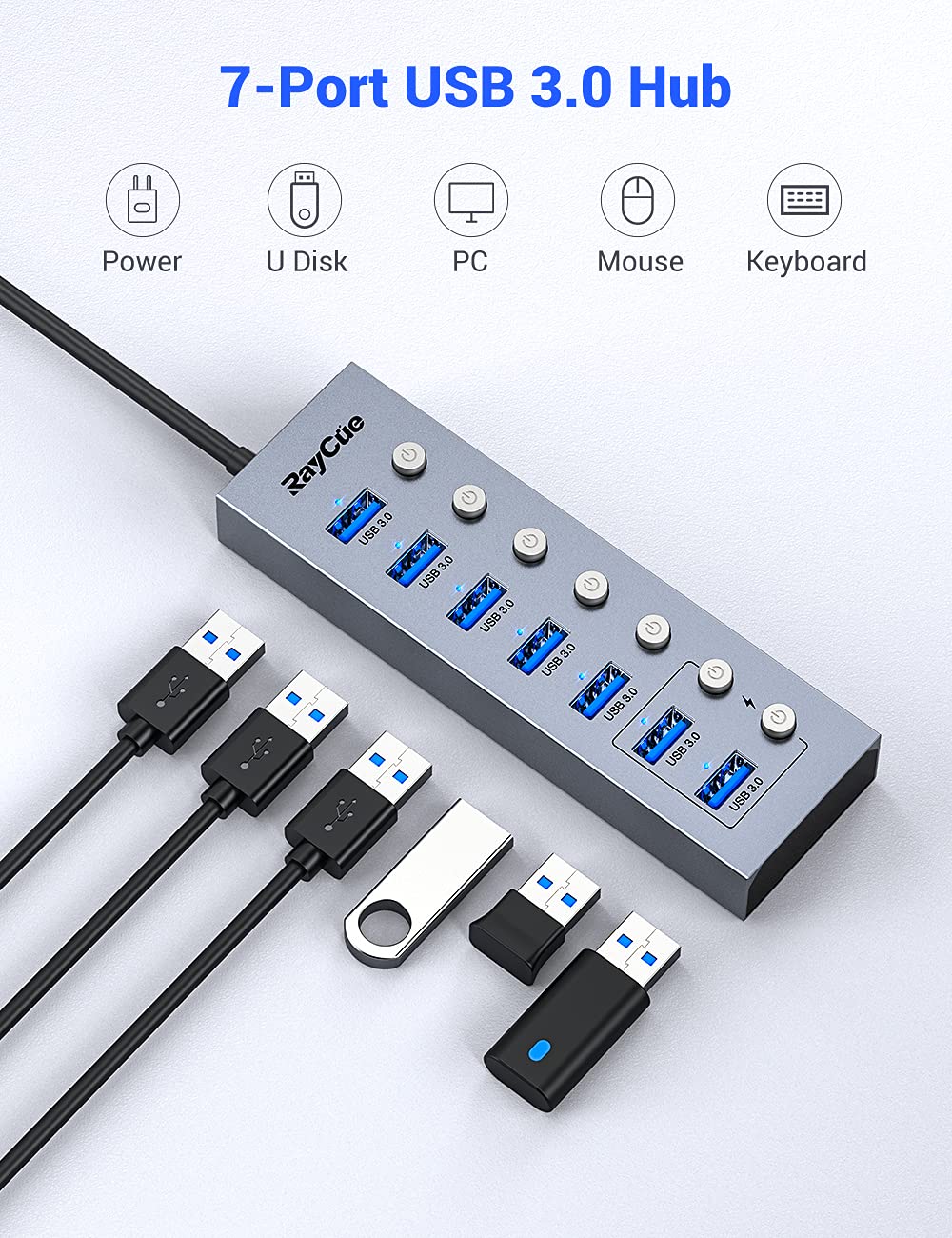 Powered USB 3.0 Hub, Aluminum 7-Port USB Data Hub Splitter with 5V/3A AC Adapter and Individual On/Off Switches, USB Hub Powered Charging for MacBook Pro/Air, PC, Laptops, Surface Pro,HP, etc