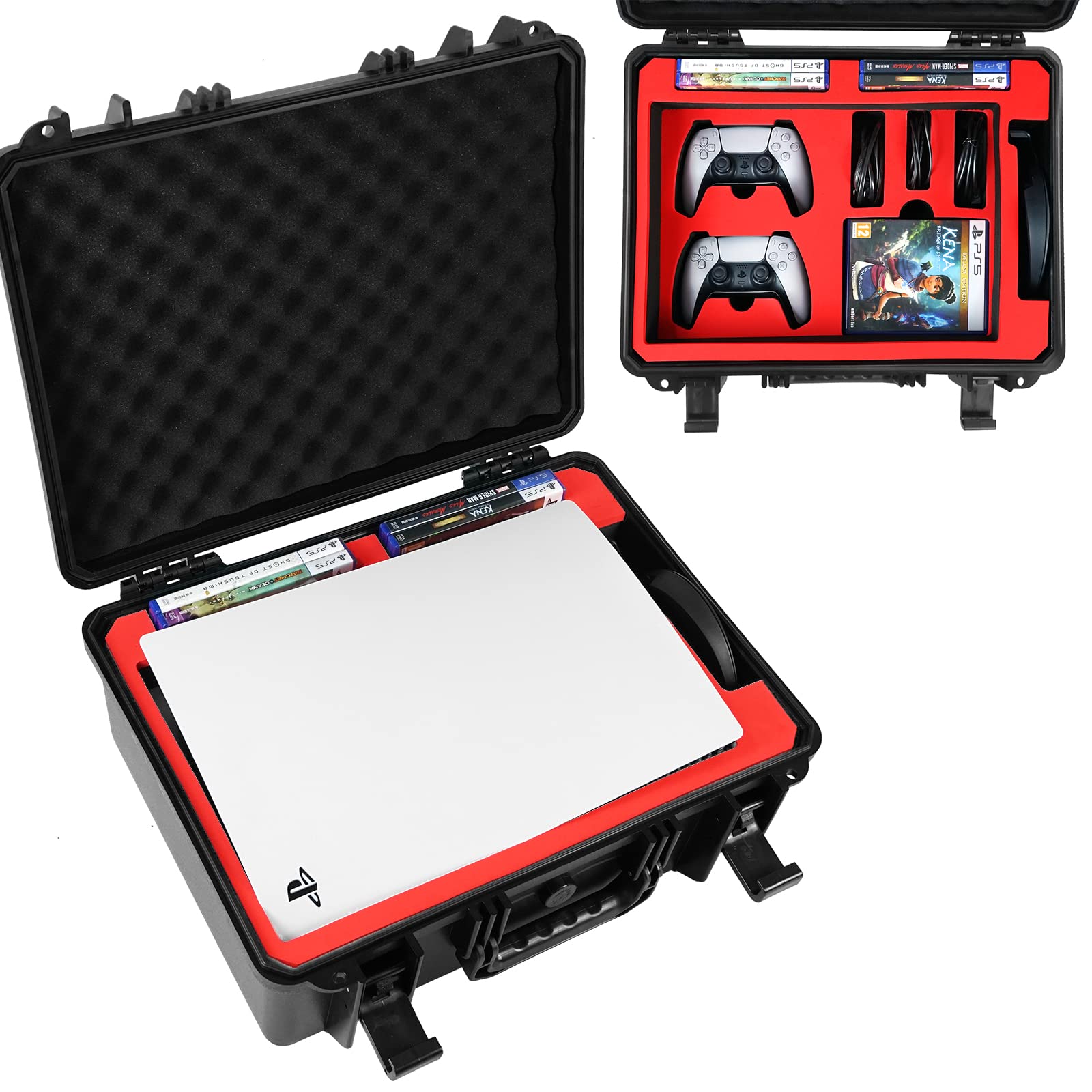 AGEISQOR Premium Carrying Case for PS5 -Travel Hard Case Fits PlayStation 5 Console Controllers Games Cables-PS5 Case with Customized Foam for Both Disc and Digital Versions, Red
