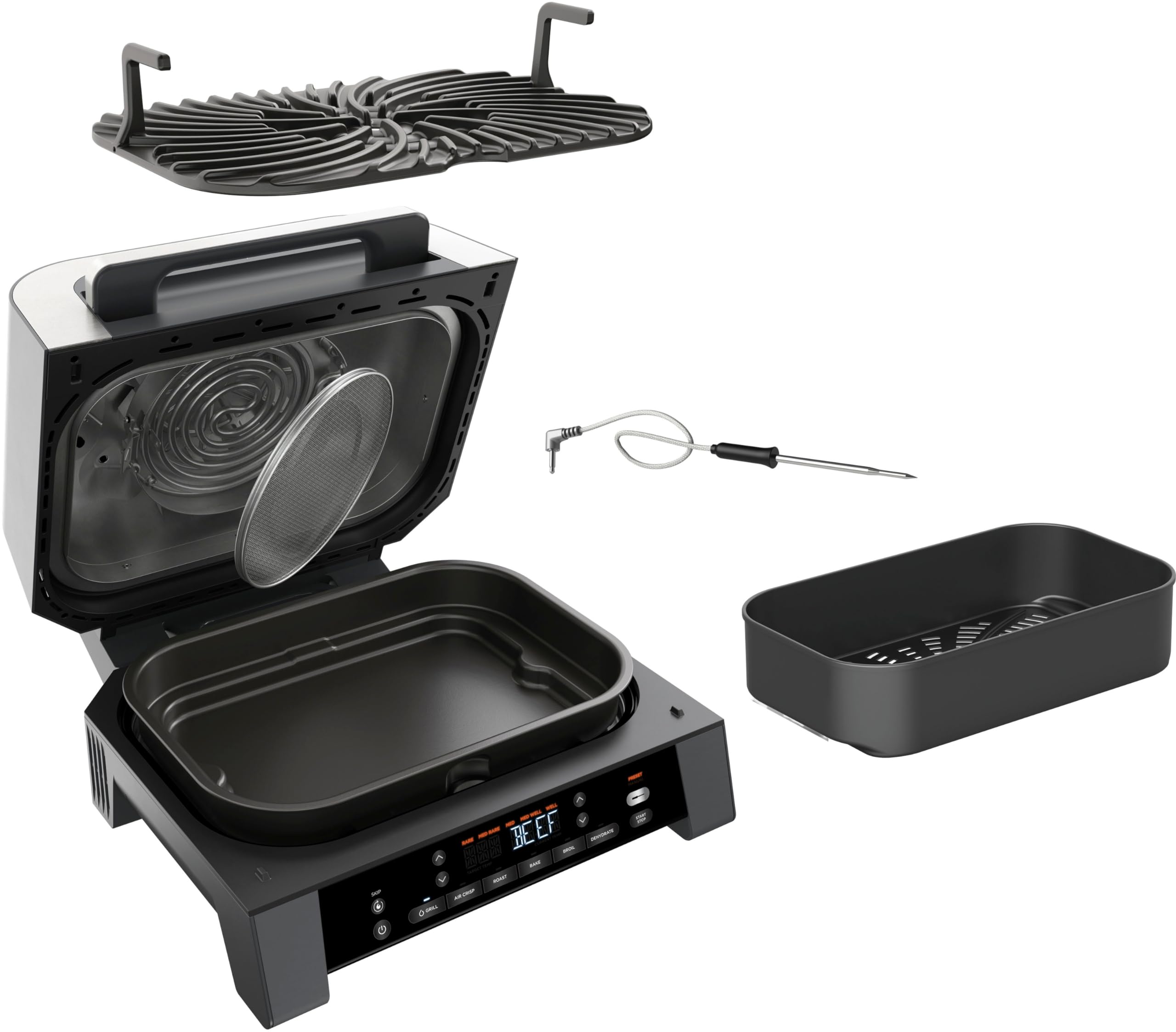 Ninja DG551 Foodi Smart XL 6-in-1 Indoor Grill with Air Fry, Roast, Bake, Broil, & Dehydrate, Foodi Smart Thermometer, 2nd Generation, Black/Silver (Renewed)