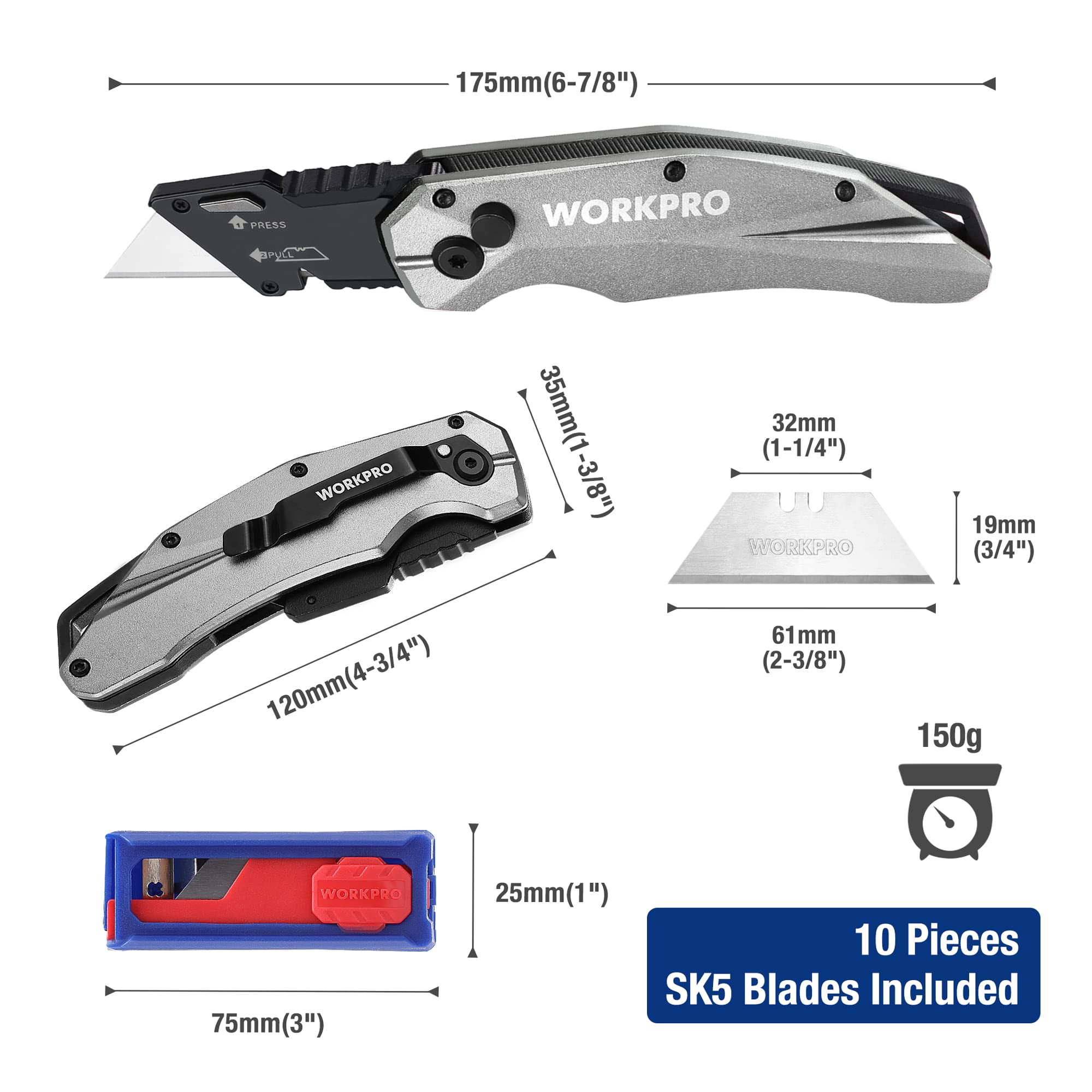 WORKPRO Folding Utility Knife, Heavy Duty Metal, Quick Open Axis Lock Box Cutter, Quick Change Blade Razor Knife, 1PC with 10 Extra SK5 Blades