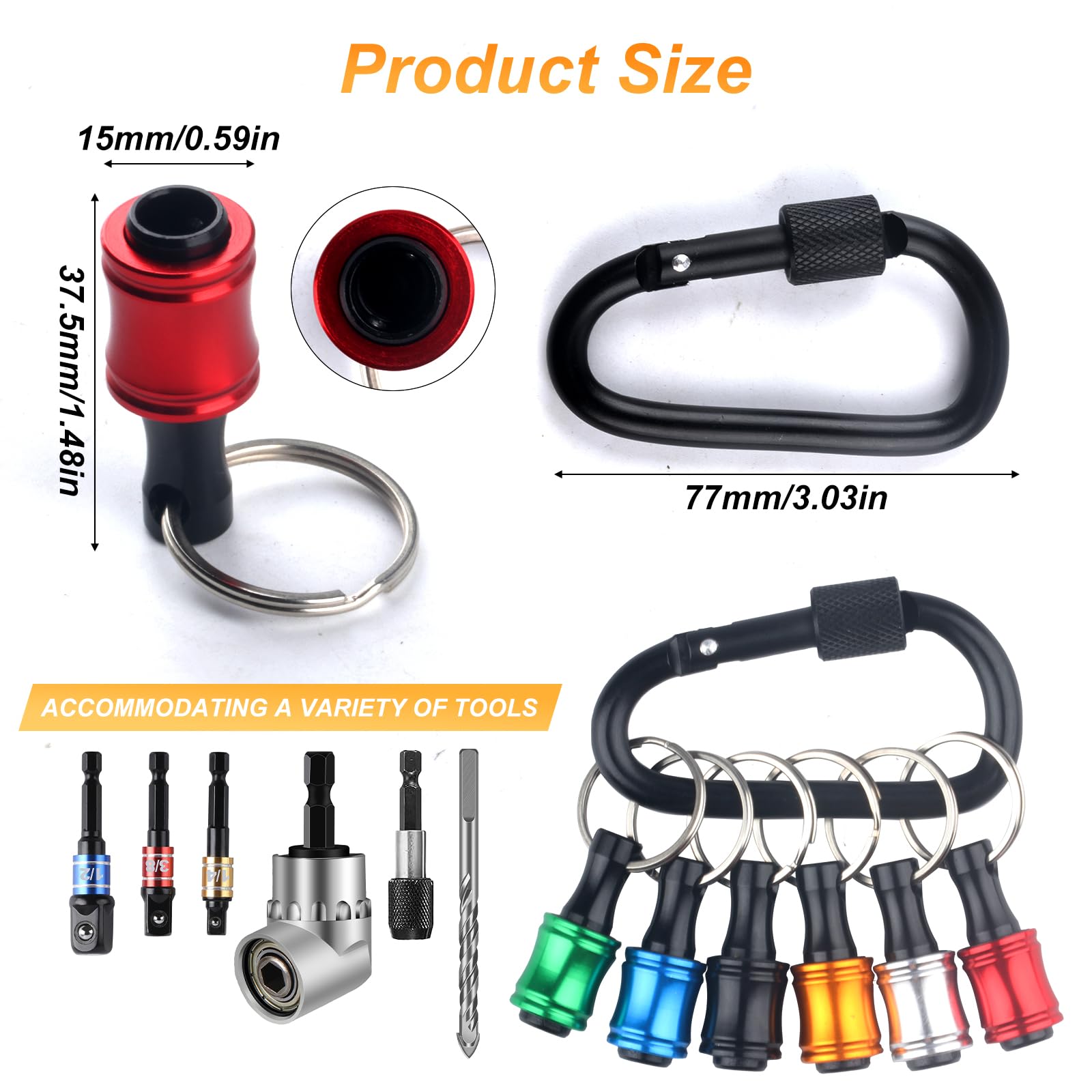 Bit Holder Key Chain 1/4” Socket, 6pcs Hex Shank Aluminum Alloy Screwdriver Bits, Portable Drill Bit Holder Keychain Light-weight Quick-change Extension Bar Drill Screw Adapter for Tools & Home