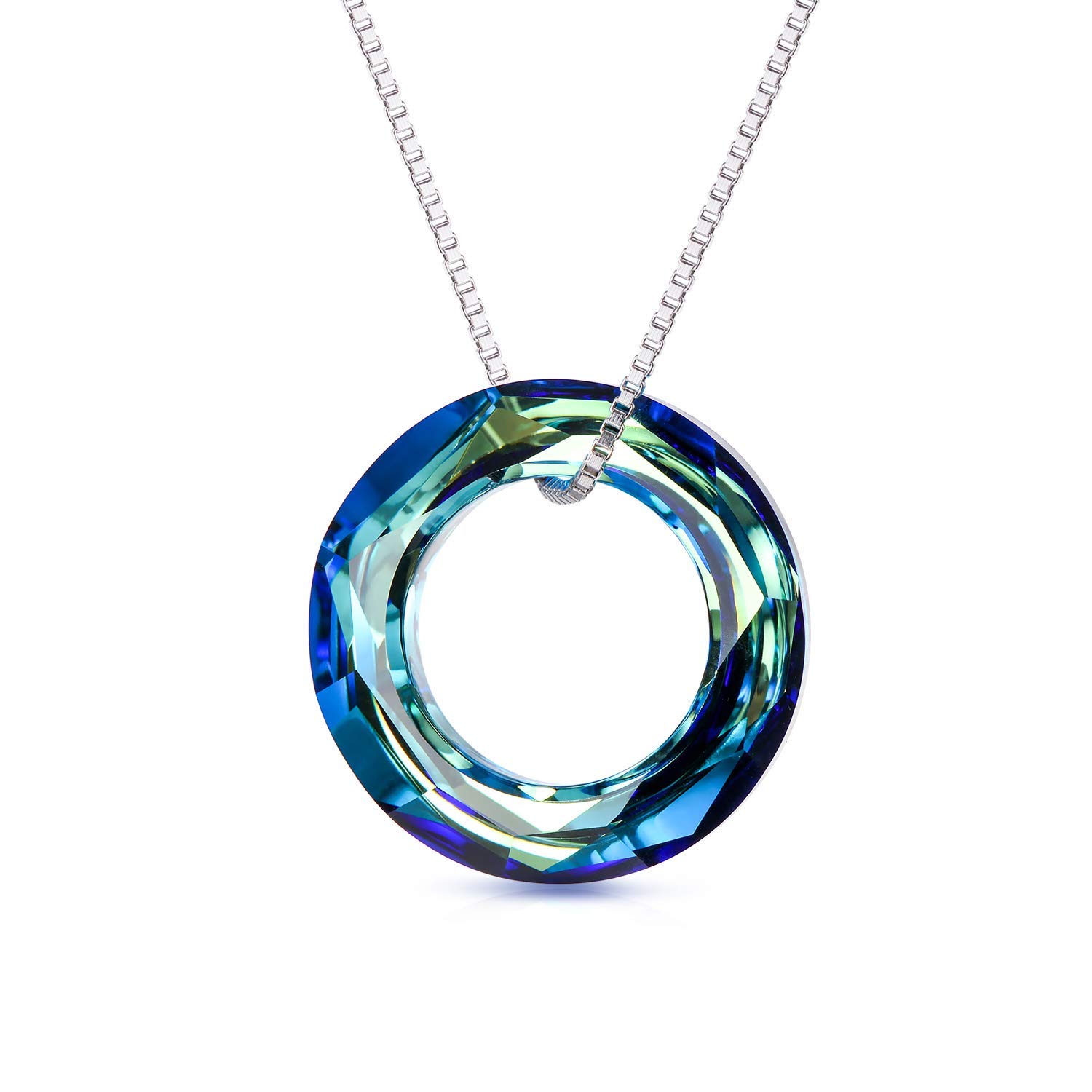 AOBOCO 925 Sterling Silver Necklace with Austrian Crystals Jewelry Packaged with Jewelry Box Birthday Jewelry for Her Women for Lover (Dia 0.78" Circle Blue)
