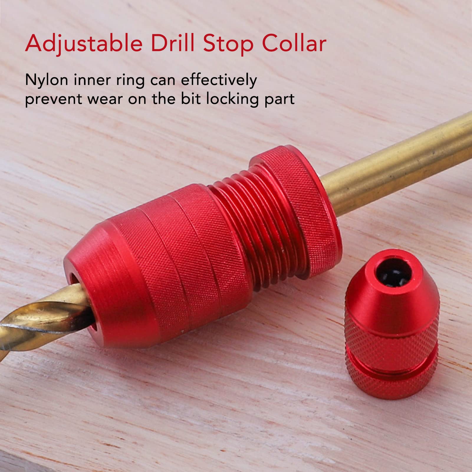 Aluminum Alloy Adjustable Drill Depth Stop Collar Red Woodworking Drilling Auxiliary Tool for Furniture Installation(For 0.04 to 0.2in Drill Bit)