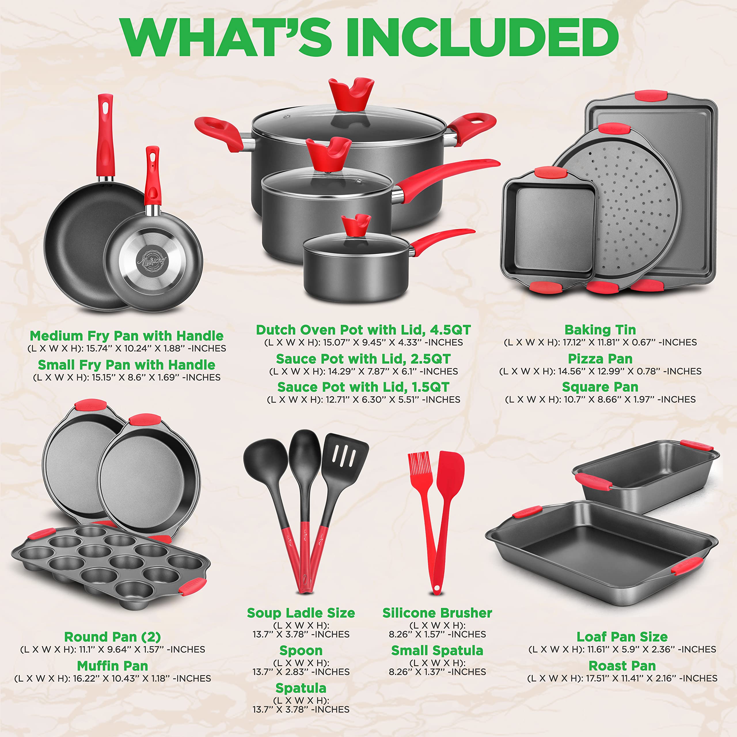 NutriChef Non-Stick Cookware 21-Piece Set, Includes Pots & Pans, Bakeware, & Cooking Utensils w/ Silicone Handles - Complete Set for Gas, Electric, & Ceramic Cooktops - PTFE/PFOA/PFOS Free, Black
