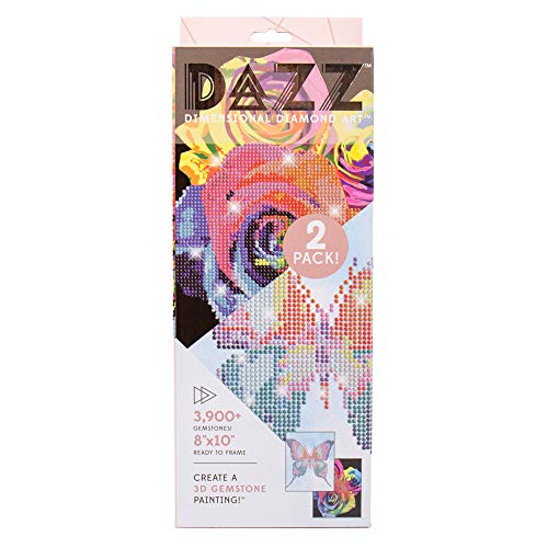 Dazz 3D Gemstone Painting Butterfly & Roses Pack of 2 by Horizon Group USA, Includes 2 8”X10” Diamond Dotz Painting, Rhinestone Sheets for Adults & Children, Gem Tray & Stylus Included.Multicolored