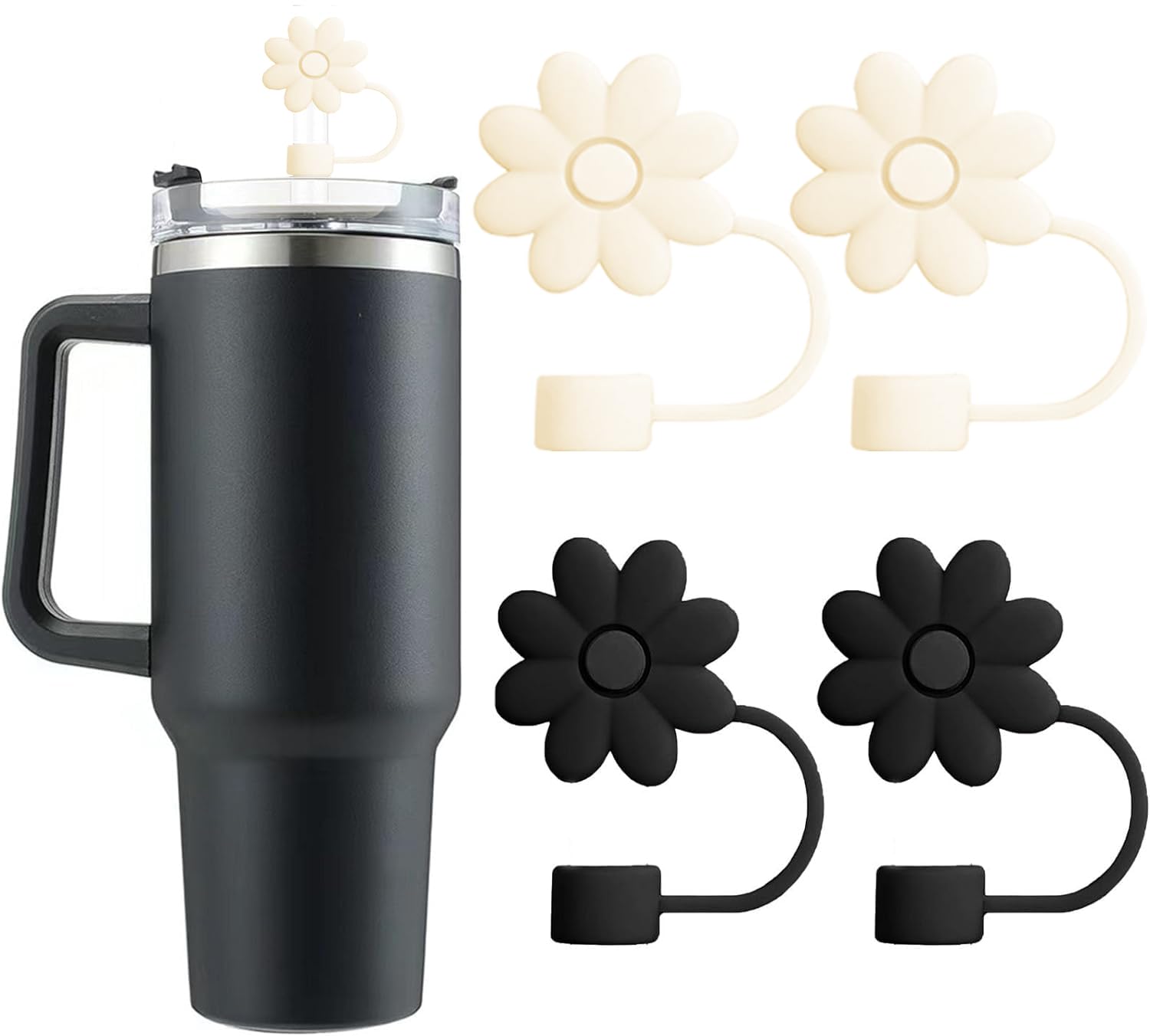 Avky 4 Pcs Straw Cover Cap for Stanley Cup, 10mm 0.4in Flower Shape Straw Covers Cap with 30&40 Oz Tumbler with Handle Dust-Proof Reusable Straw Tips Lids Black & Off White