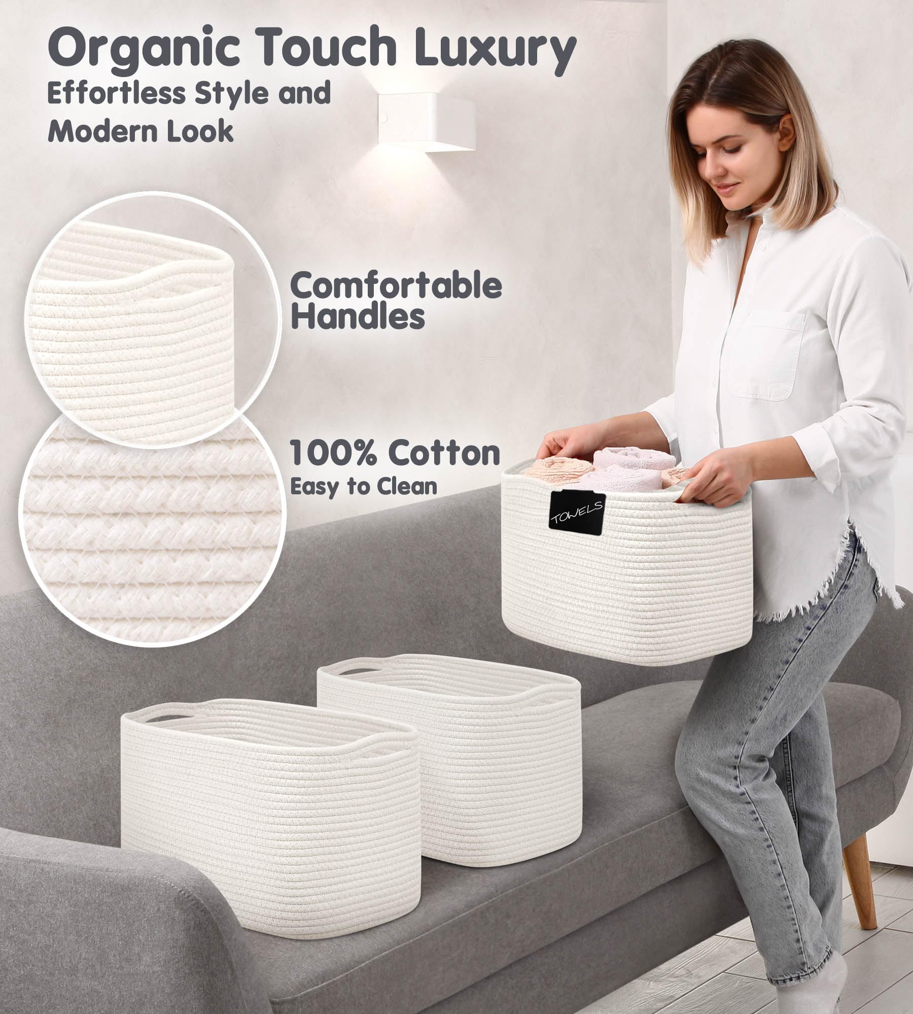 CHAT BLANC Cotton Rope Basket Blanket Storage for Living Room 15.8"x15.8"x13.8" | Baby Toy Storage Basket | Woven Basket | Large Baskets for Organizing, Graphite