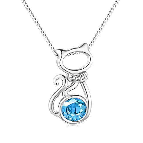 AOBOCO Cat Necklace for Cat Lovers 925 Sterling Silver March Birthstone Pendant Crystal Cat Jewelry Gifts for Women